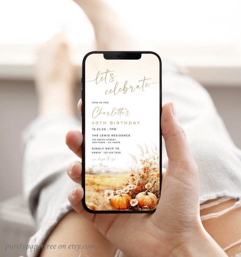 Pumpkin Birthday Invitation Template, Digital Fall Wildflower Birthday ...