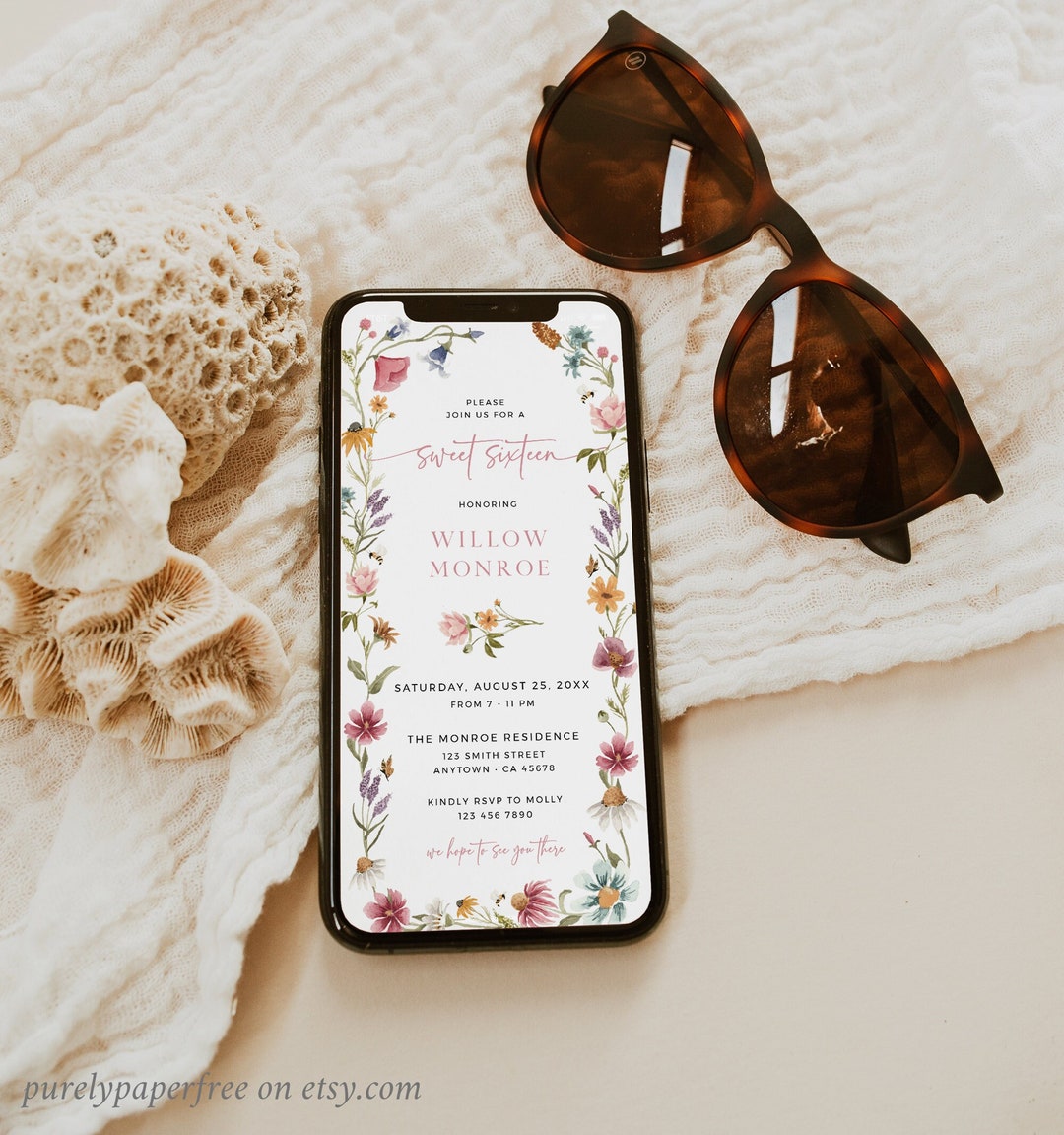 Electronic Sweet Sixteen Invitation Wildflower Digital Invitation Sweet ...