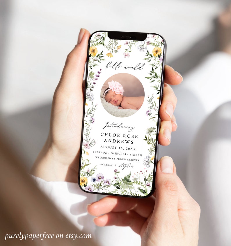 Digital Birth Announcement Girl Wildflower Electronic Newborn ...
