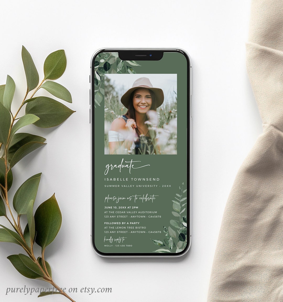 Greenery Graduation Party Invitation With a Photo, Digital Grad Evite ...