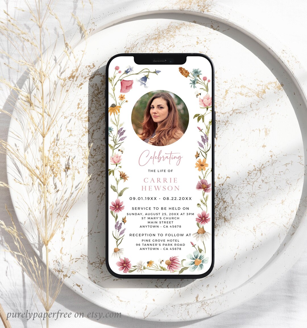 Digital Memorial Invite Wildflower, Electronic Funeral Invite Woman ...