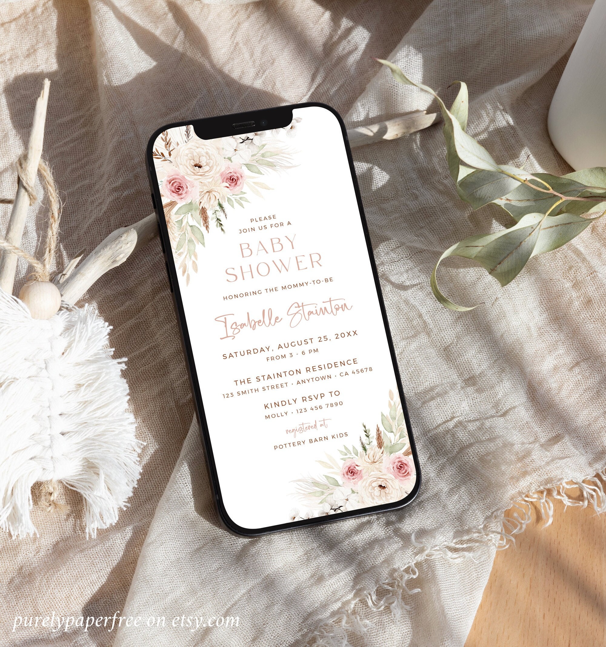 Electronic Baby Shower Invitation, Dusty Rose Boho Baby Shower Evite ...