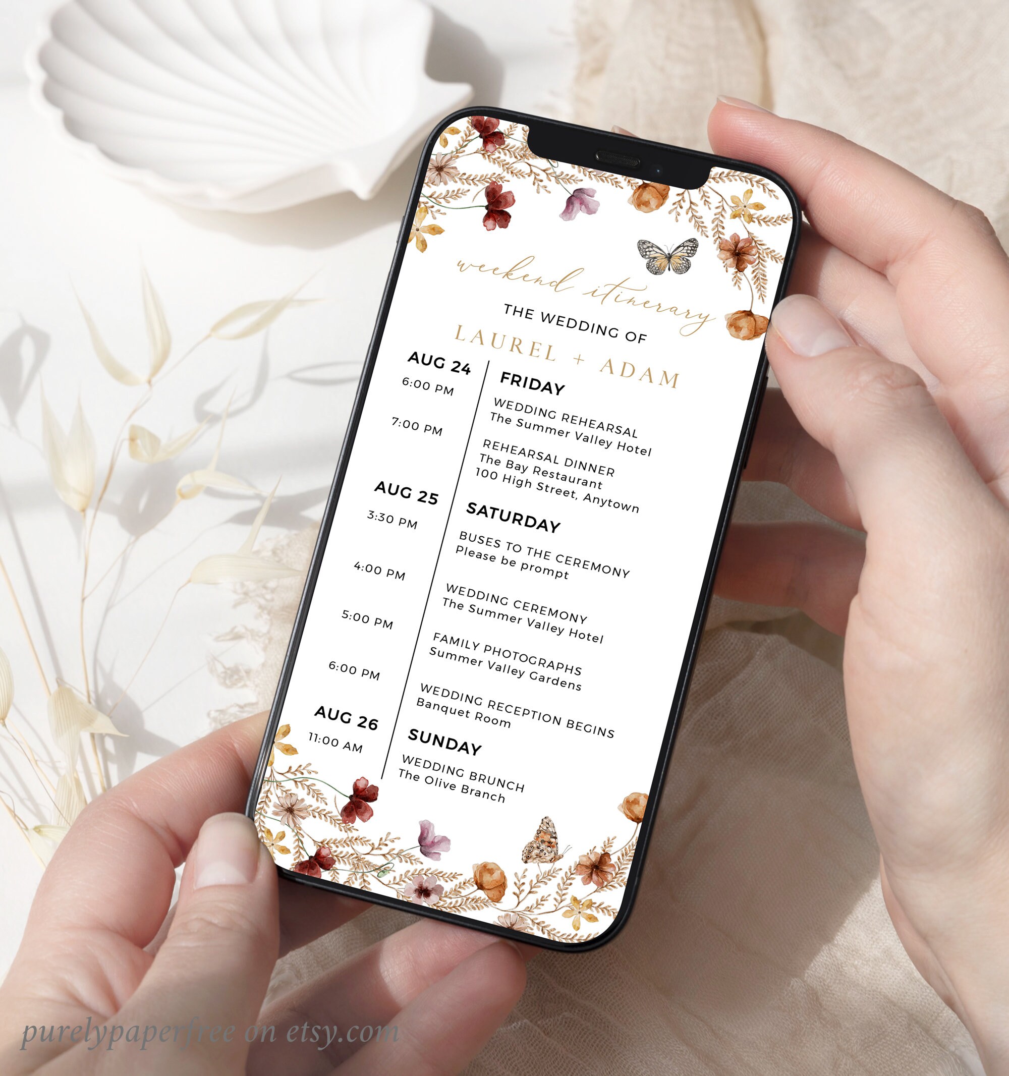 Wildflower Weekend Schedule Template Phone, Digital Wedding Weekend ...
