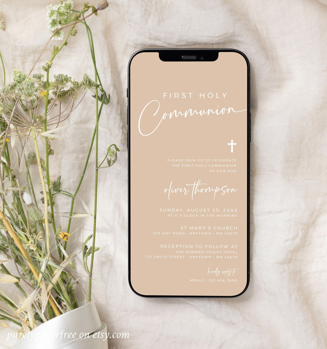 Electronic First Holy Communion Invitation, Taupe Communion Invite ...