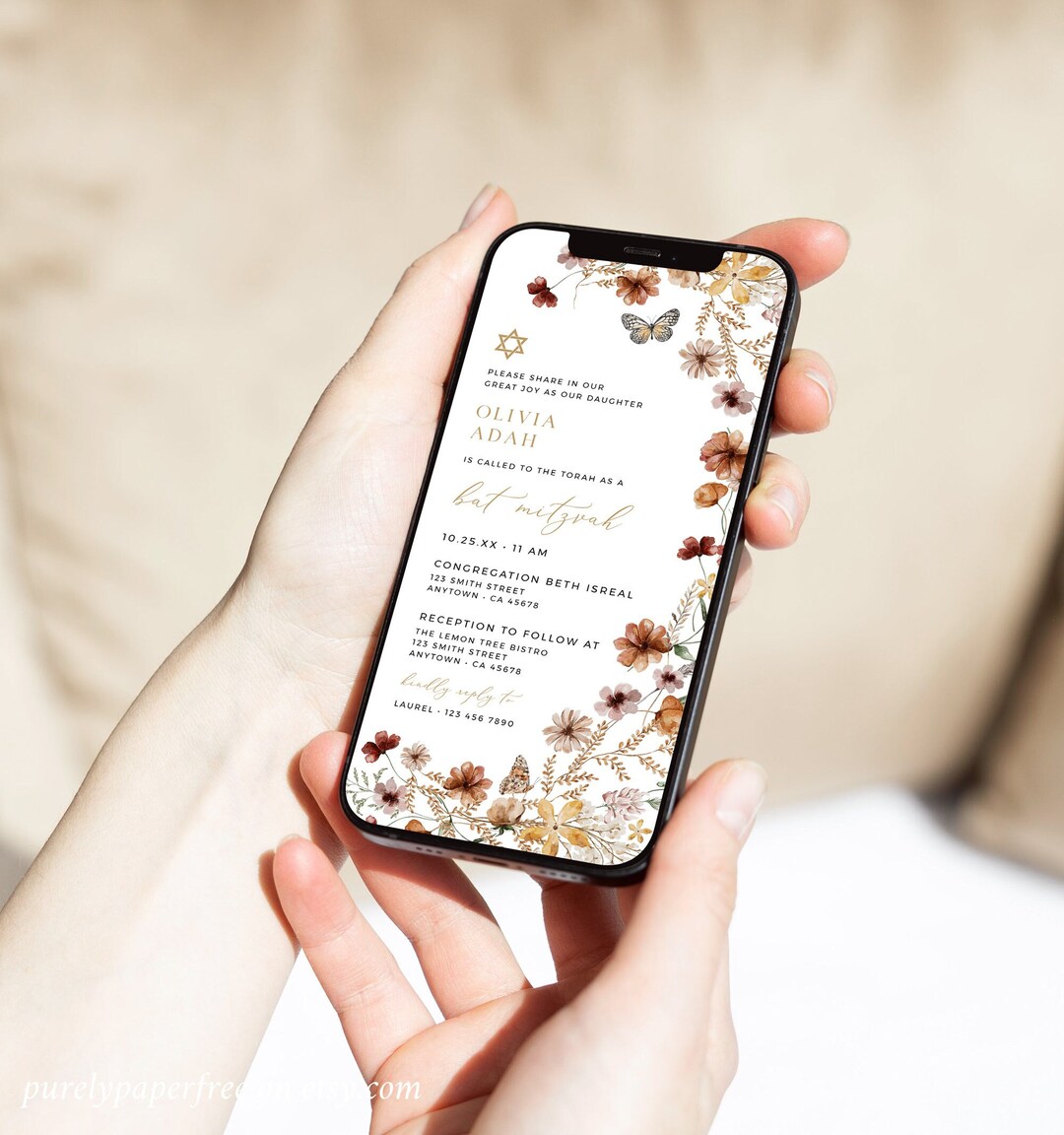 Digital Bat Mitzvah Invitation Wildflower Bat Mitzvah Invite Electronic ...