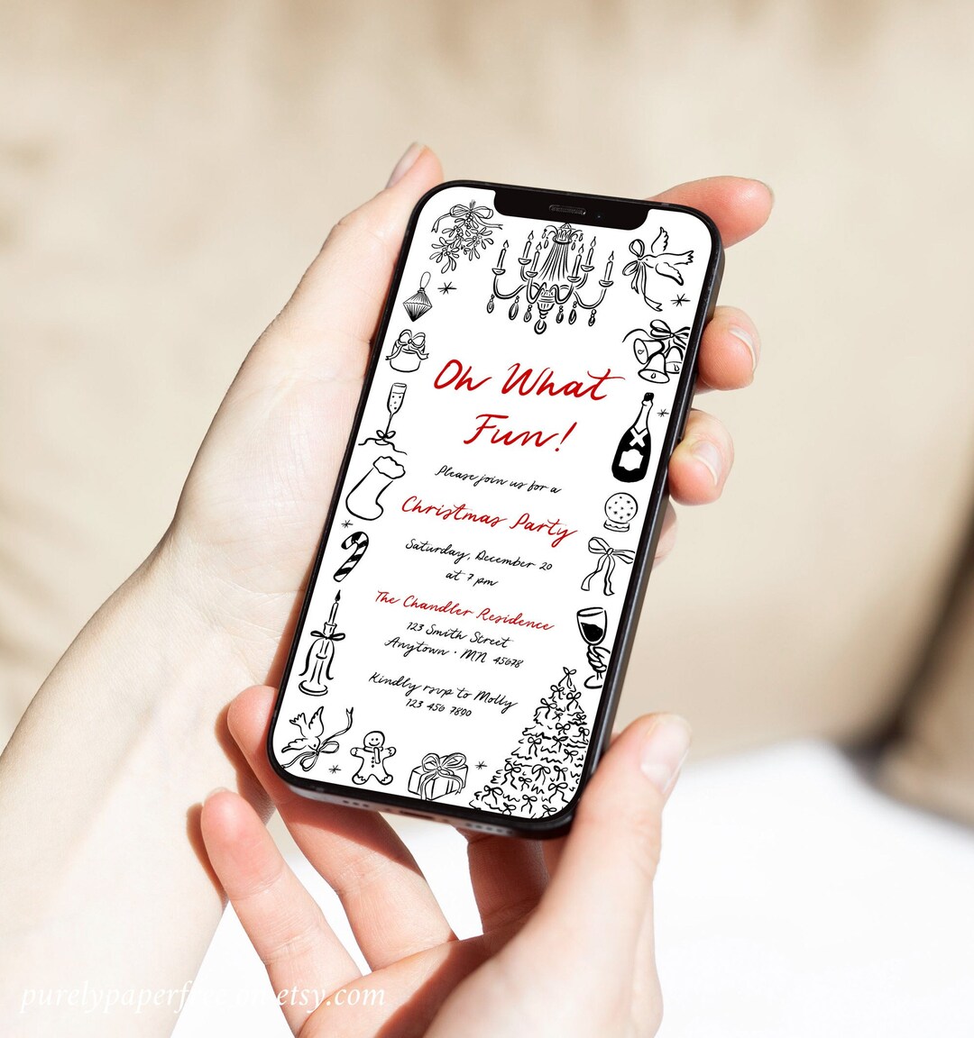 Hand Drawn Christmas Party Invitation Template Digital Doodles Holiday ...