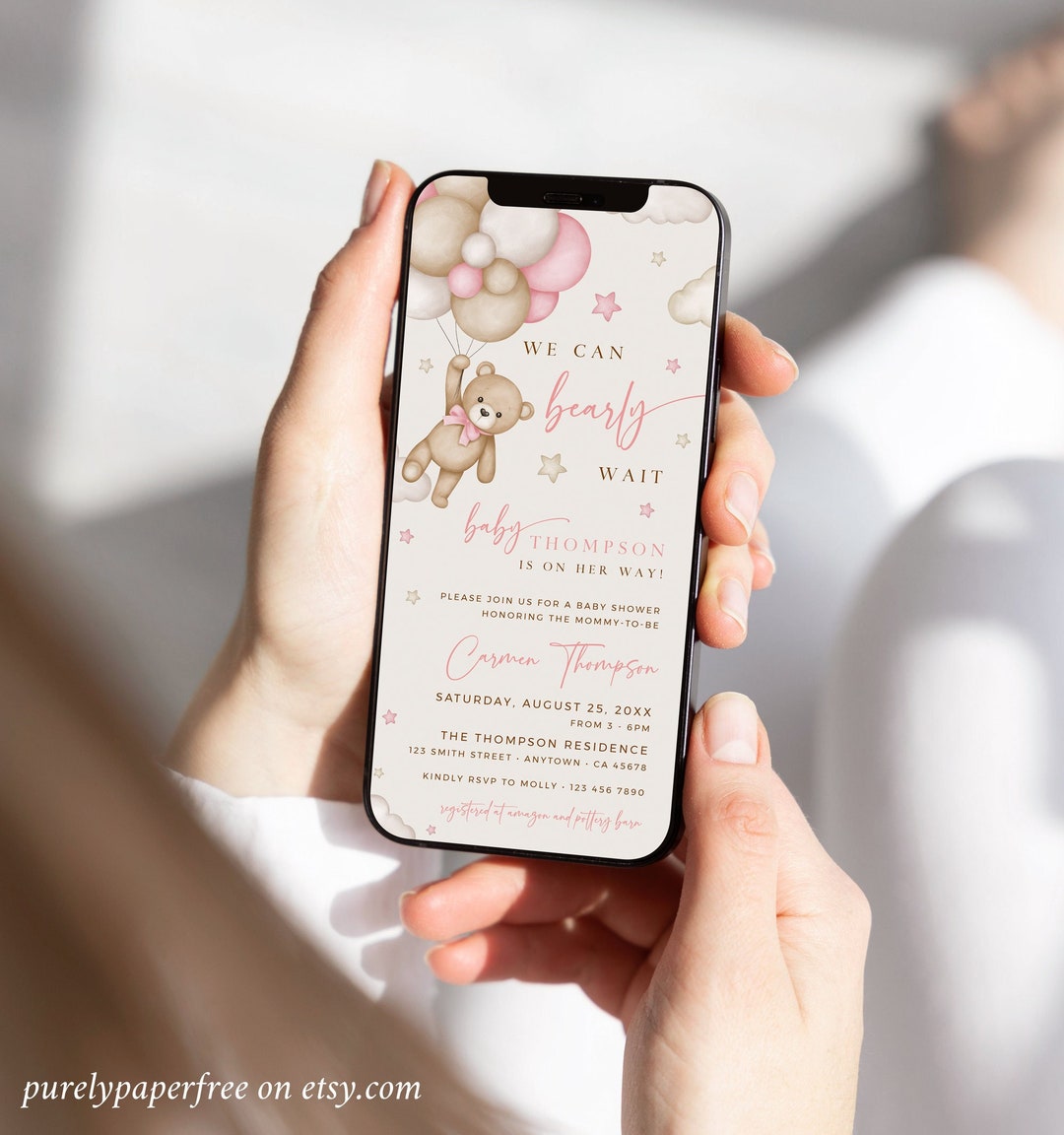 Bear Baby Shower Evite Girl, Bearly Wait Baby Shower Electronic Invite ...