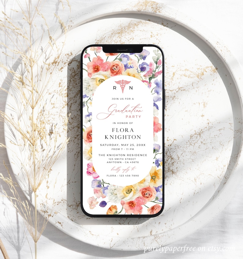 RN Graduation Party Invitation for Phone, Floral Nurse Grad Invite ...