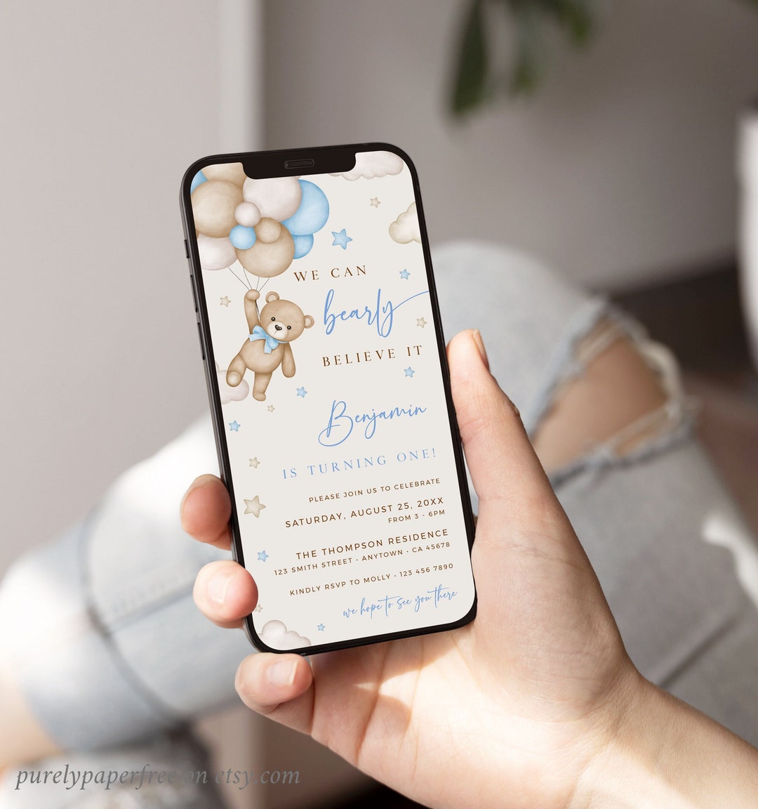 Bear 1st Birthday Evite Boy, Teddy Bear First Birthday Electronic ...