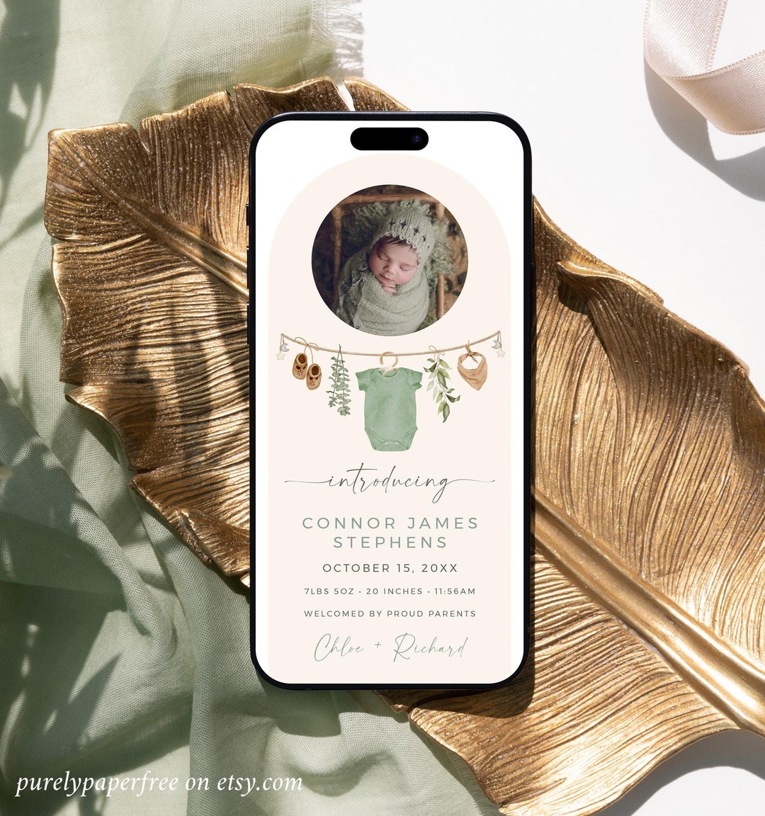 Boho Newborn Announcement With Photo, Baby Boy Birth Announcement ...