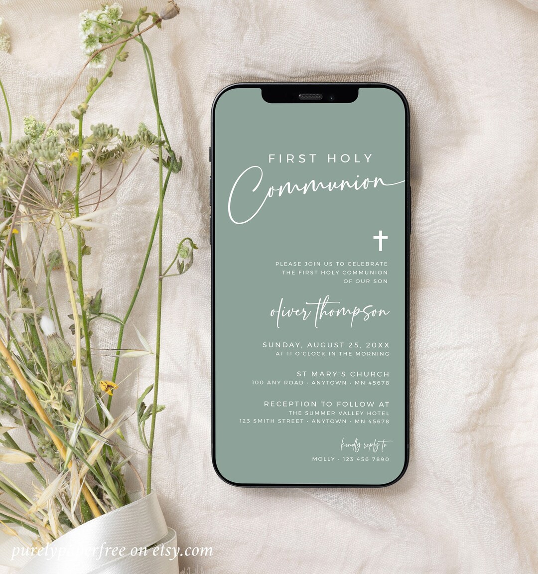 First Holy Communion Invitation Digital, Sage Green Communion Invite ...