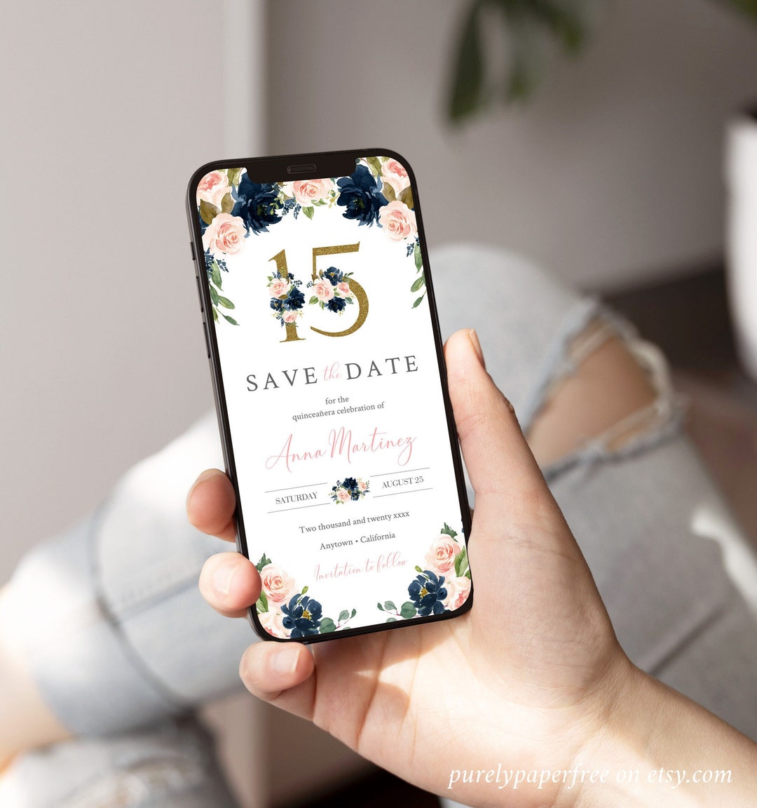 Navy Pink Quinceañera Save the Date Phone, Digital Mis Quince Save the ...