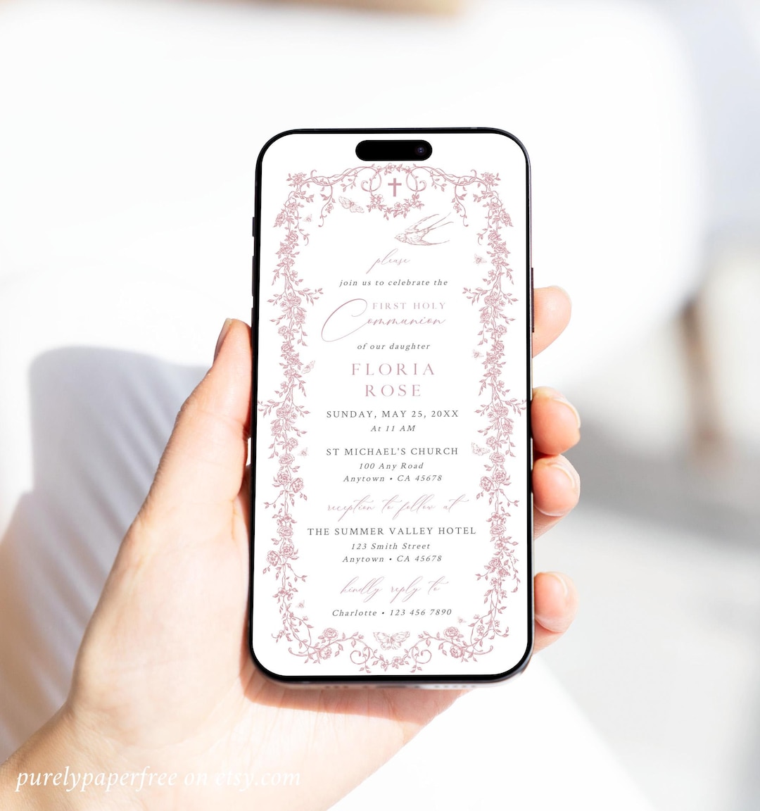 Pink Toile First Holy Communion Invitation for a Girl, Chinoiserie ...