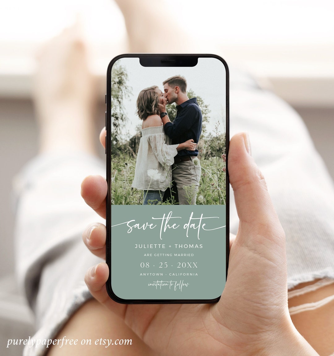Sage Green Photo Save the Date for Phone Minimal Save the Date Digital ...