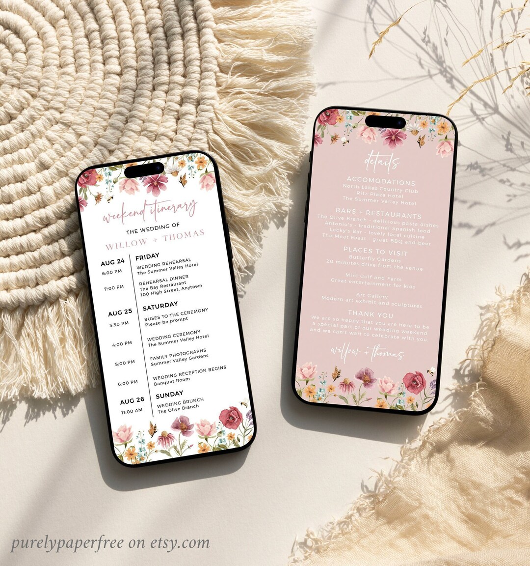 Wildflower Weekend Events Schedule Wedding Weekend Timeline for Phone ...