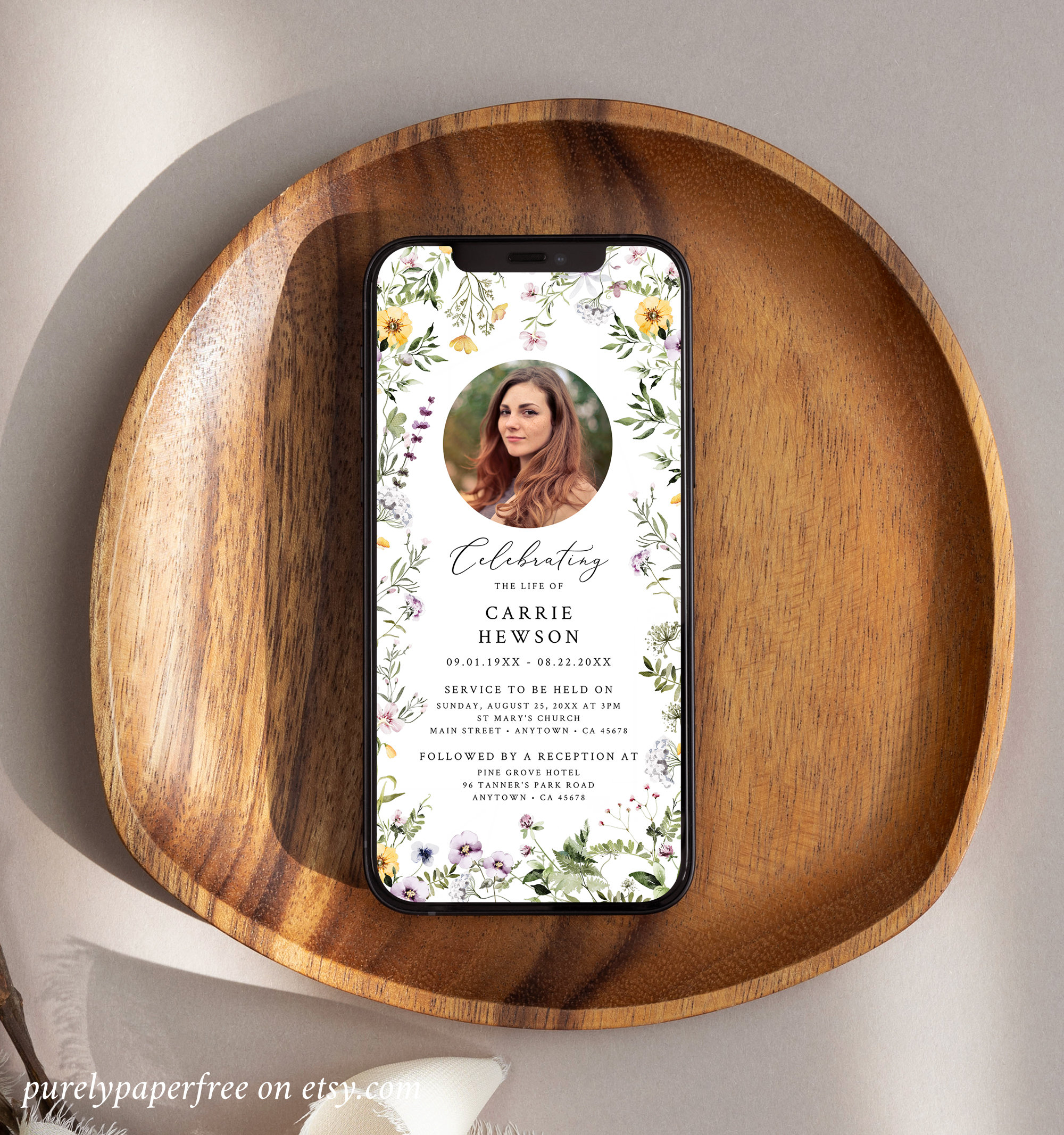Electronic Funeral Invite Wildflower, Digital Memorial Invite Woman ...