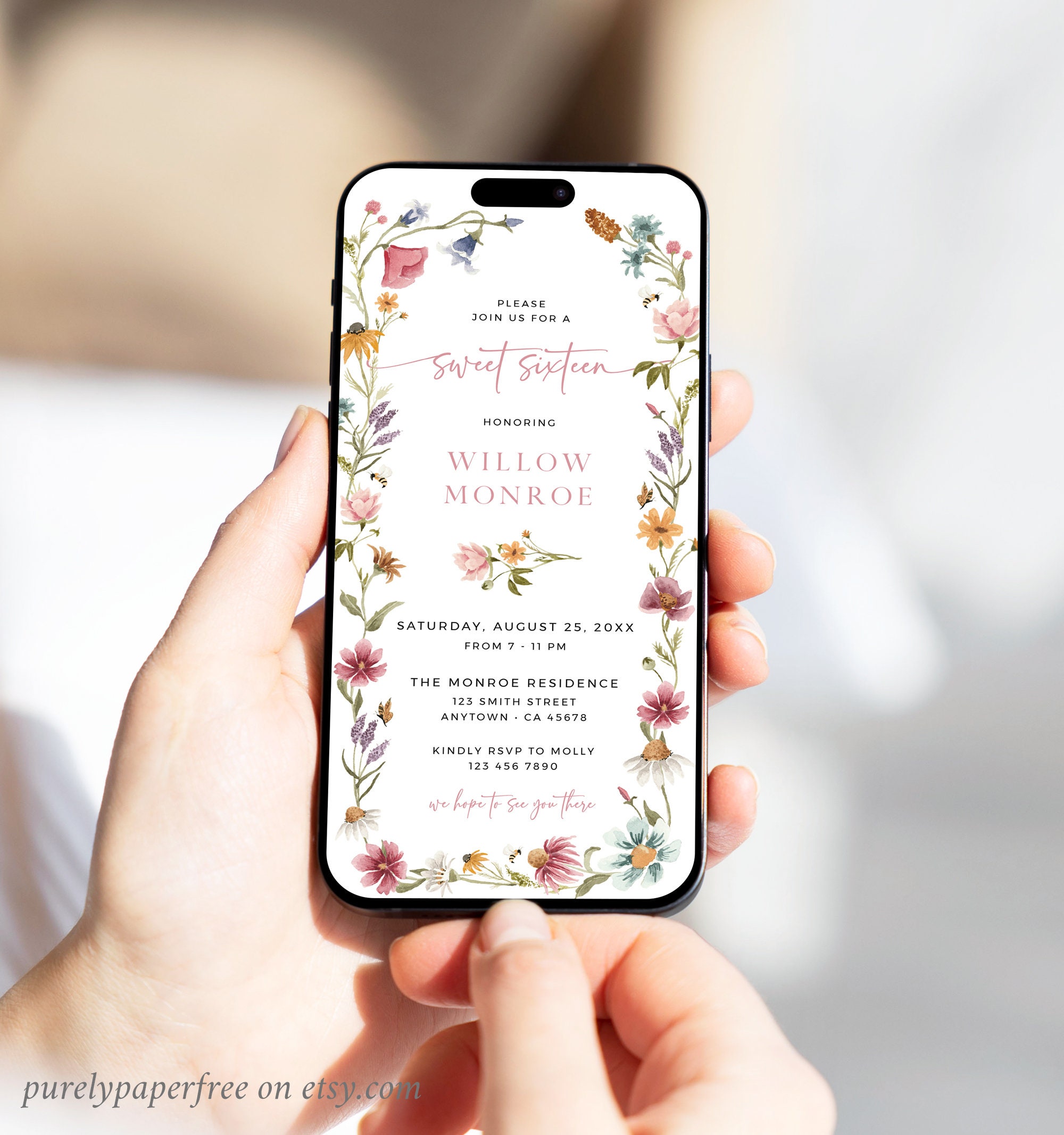 Electronic Sweet Sixteen Invitation Wildflower Digital Invitation Sweet ...