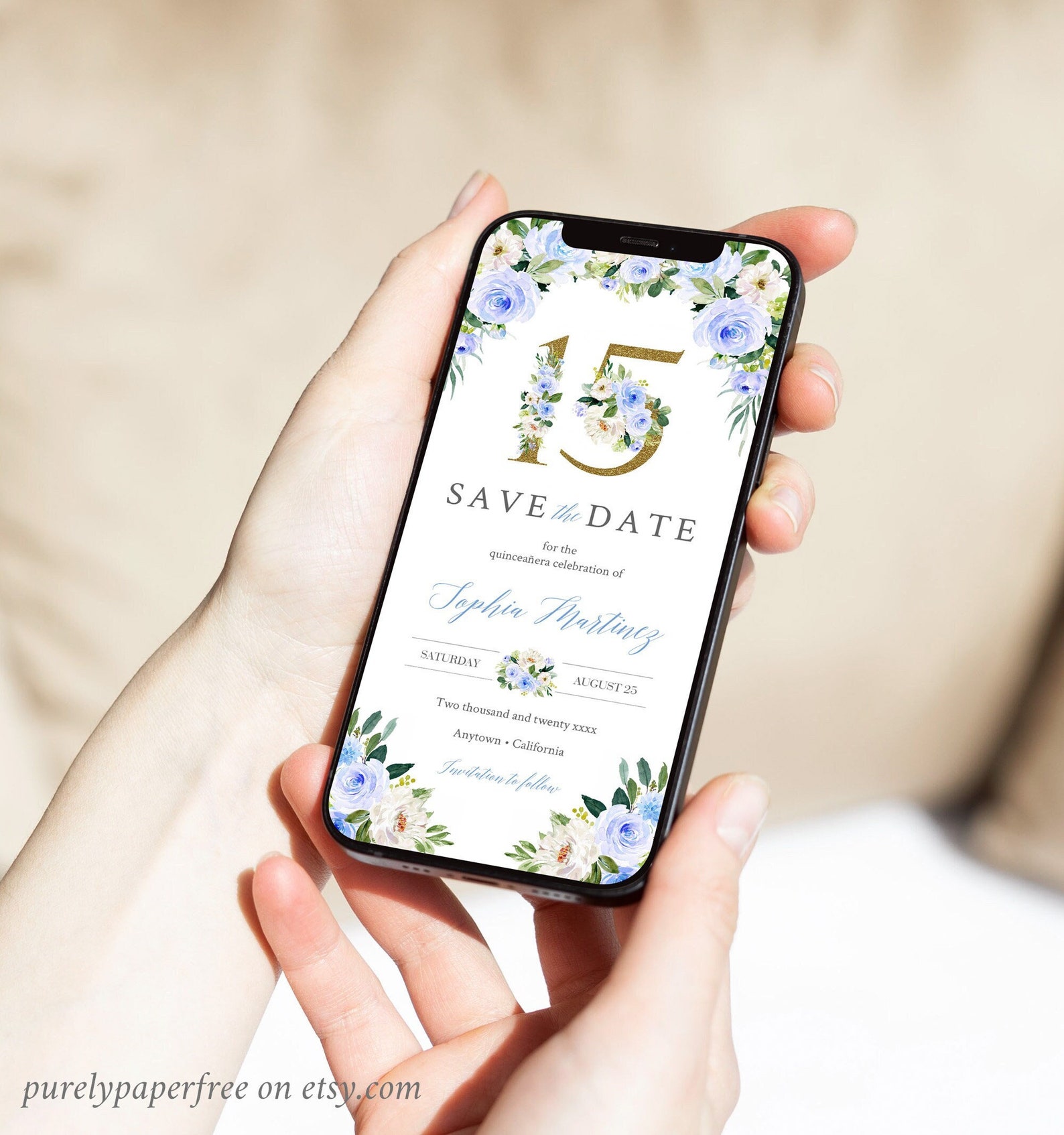 Light Blue Quinceañera Save the Date Phone, Digital Mis Quince Save the ...