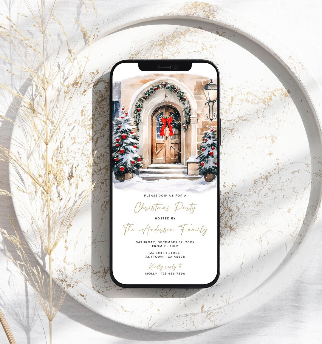 Digital Holiday Party Invitation for a Phone, Editable Modern Christmas ...