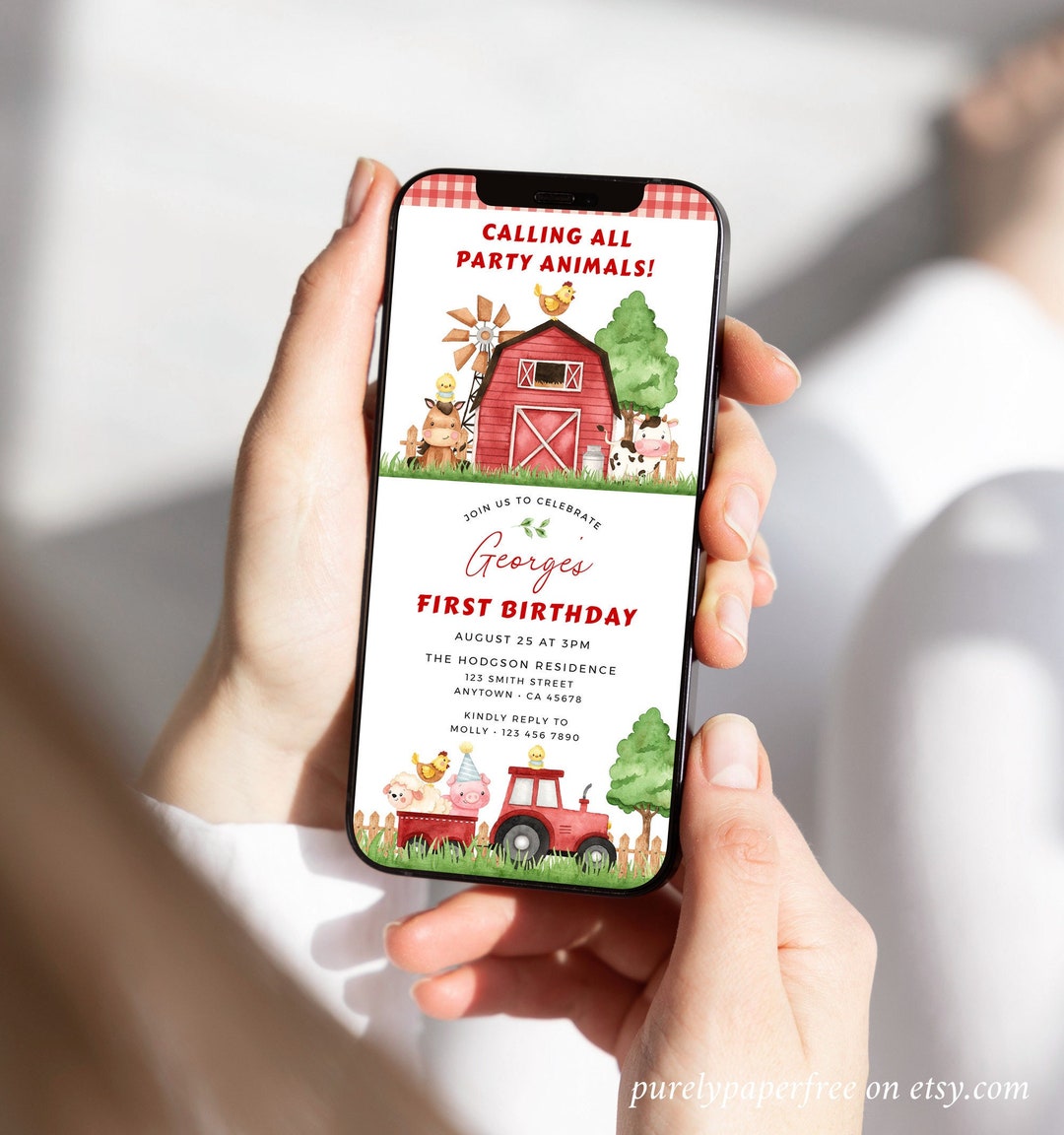 Red Farm First Birthday Invitation for Phone, Digital Barnyard 1st ...
