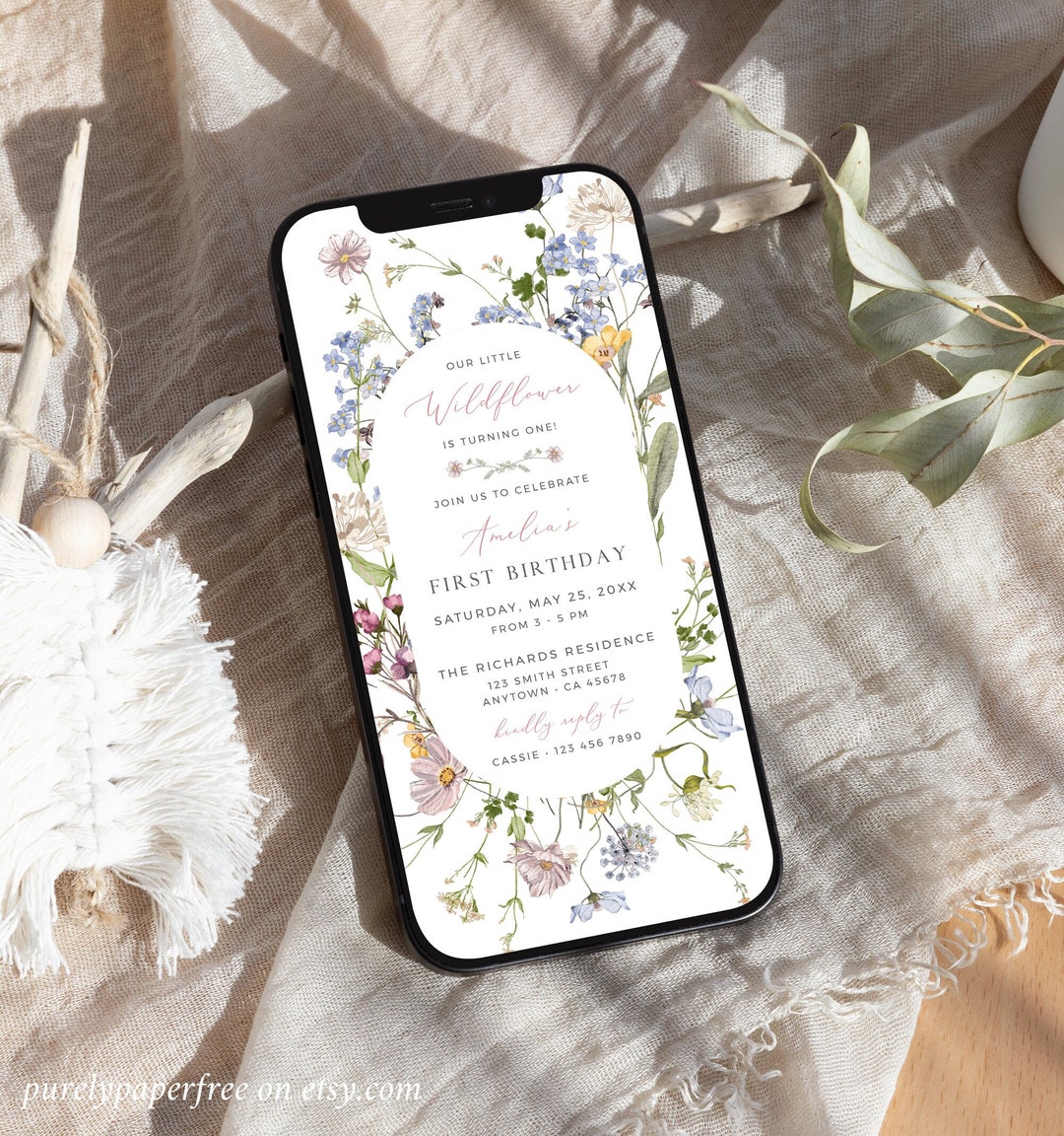 First Birthday Evite Wildflower Electronic Invitation 1st Birthday Girl ...