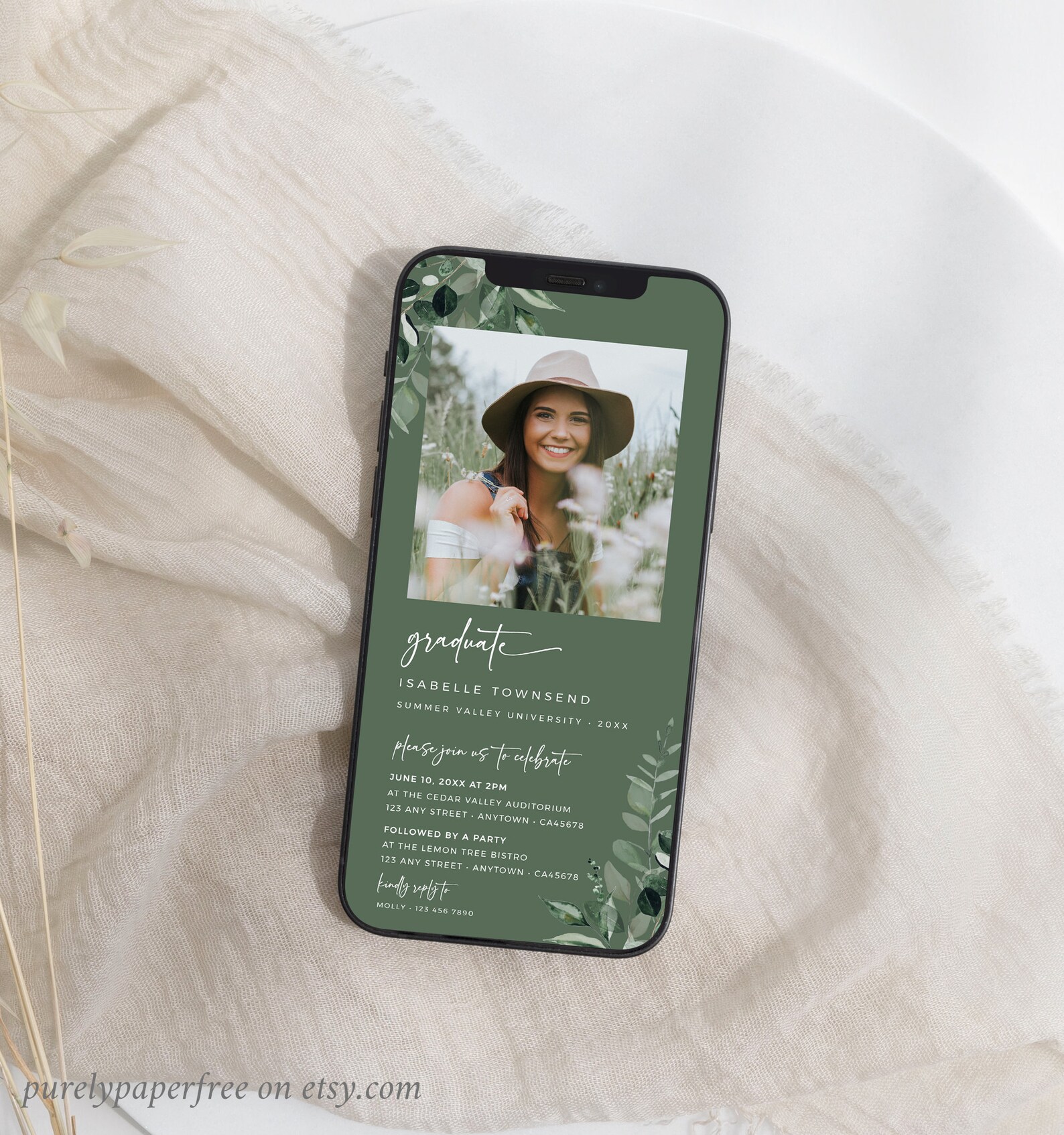 Greenery Graduation Party Invitation With a Photo, Digital Grad Evite ...