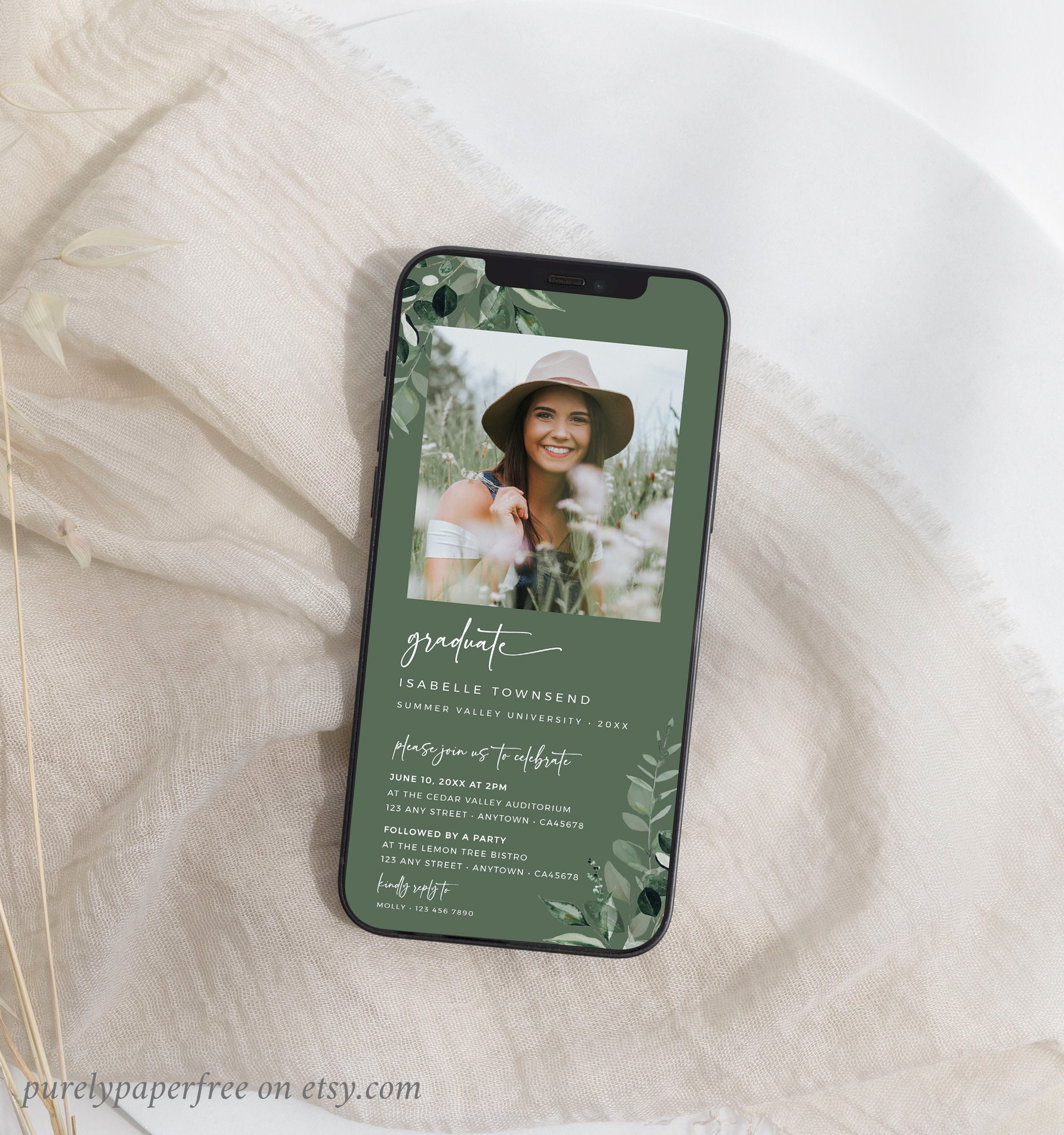 Greenery Graduation Party Invitation With a Photo, Digital Grad Evite ...