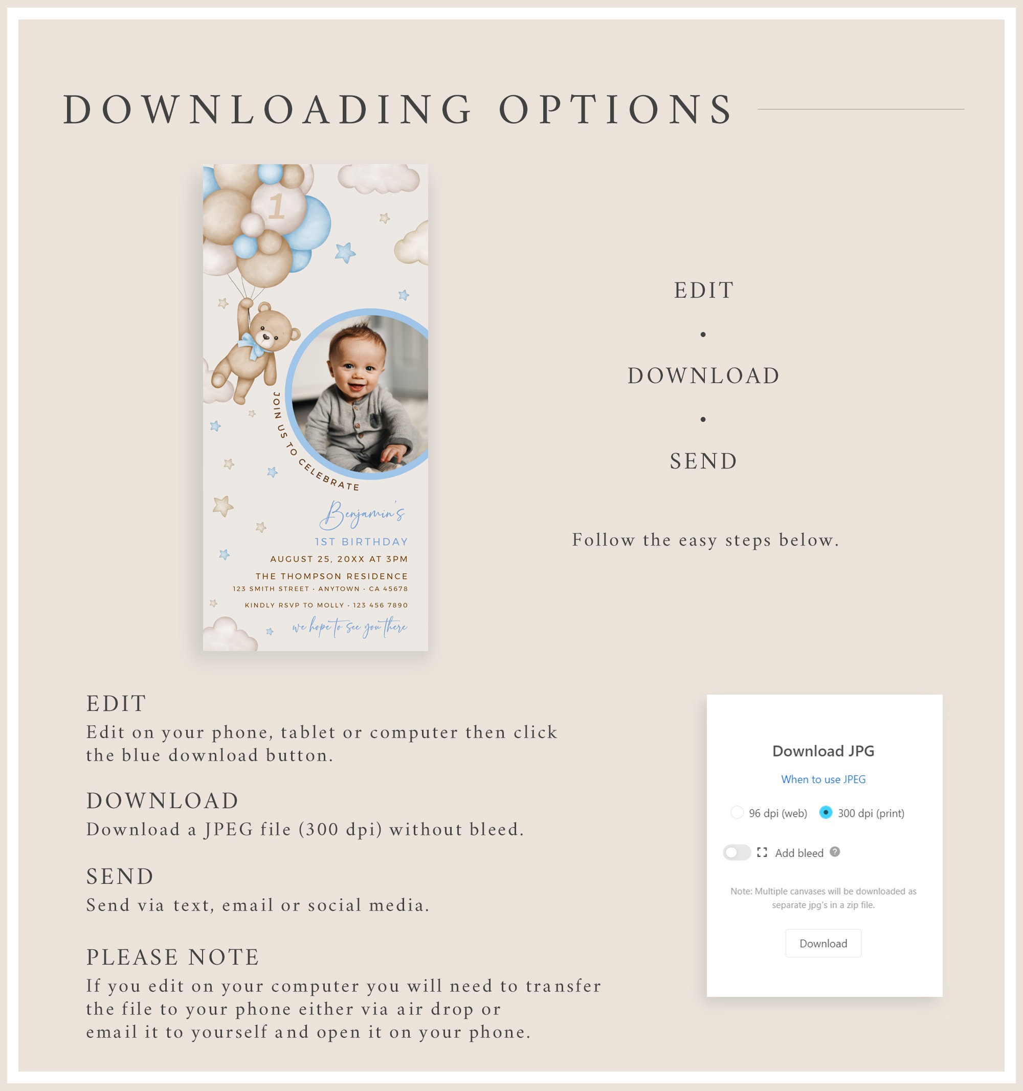 Boy First Birthday Evite With Photo, Bear 1st Birthday Electronic ...