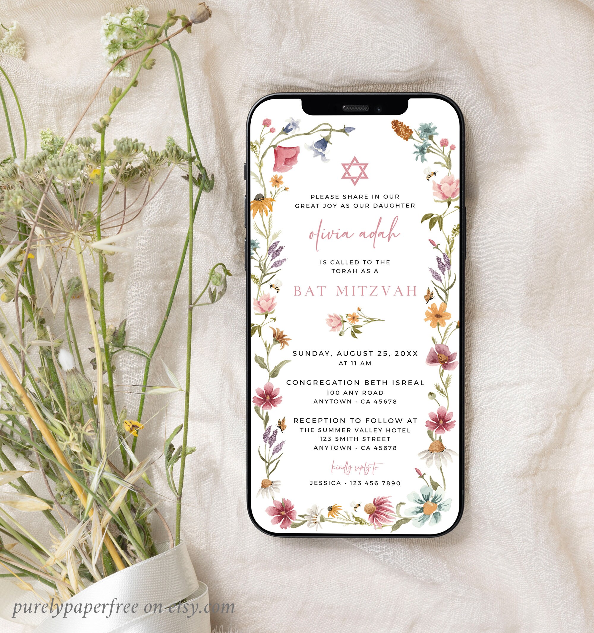 Digital Bat Mitzvah Invitation, Wildflower Bat Mitzvah Invite ...