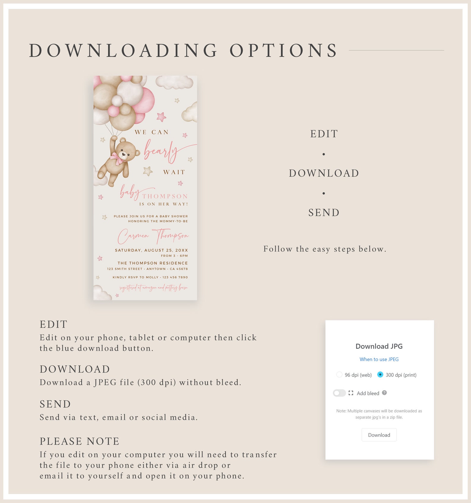 Bear Baby Shower Evite Girl, Bearly Wait Baby Shower Electronic Invite ...
