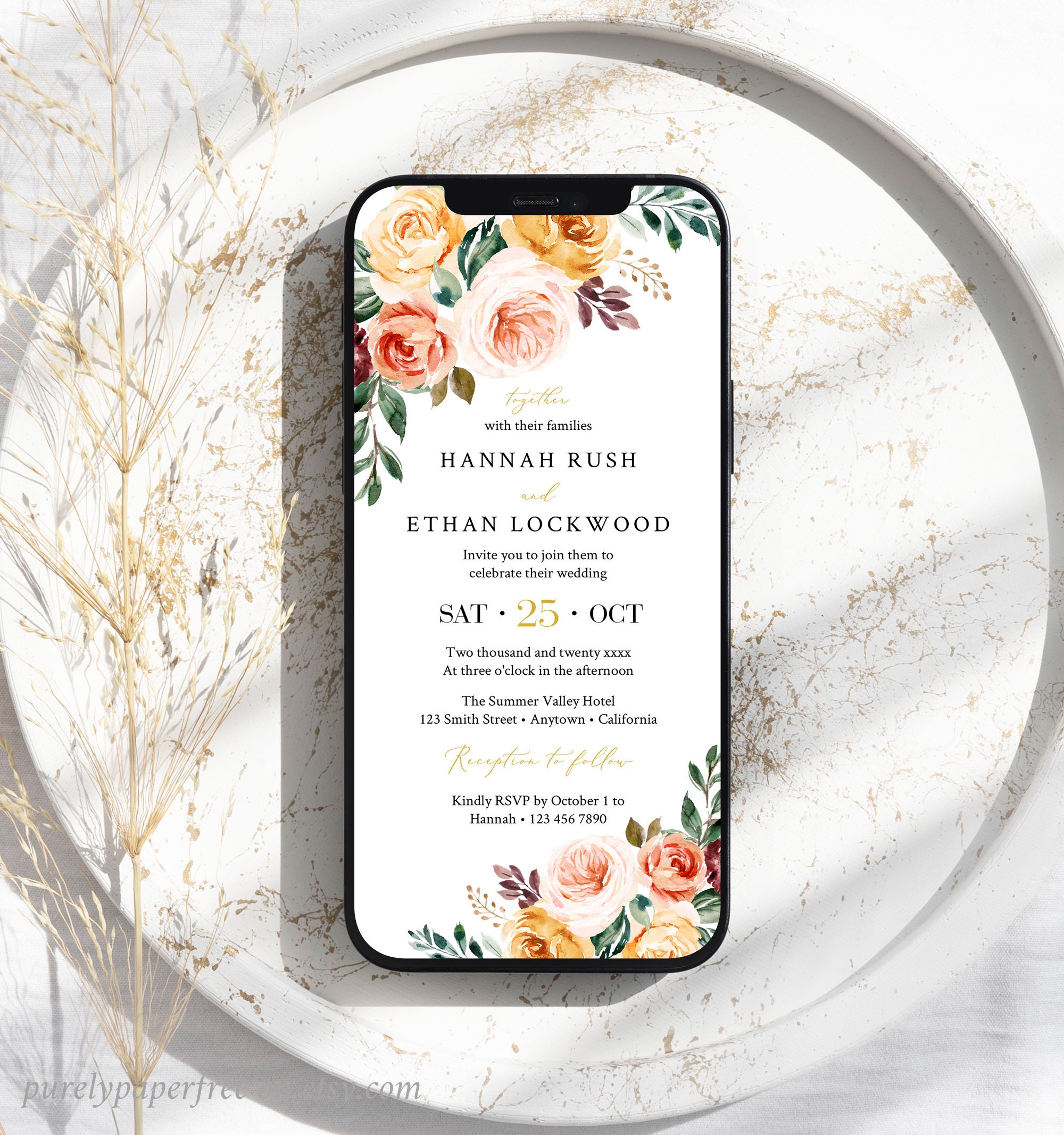 Digital Fall Wedding Invitation, Electronic Wedding Invitation Autumn ...