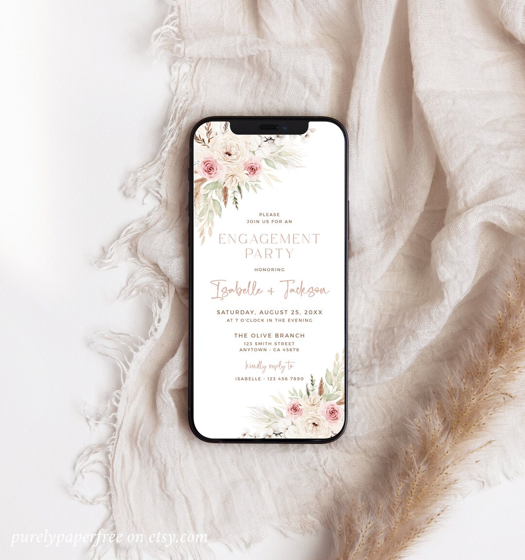 Boho Engagement Evite Blush Pink, Digital Engagement Invitation ...