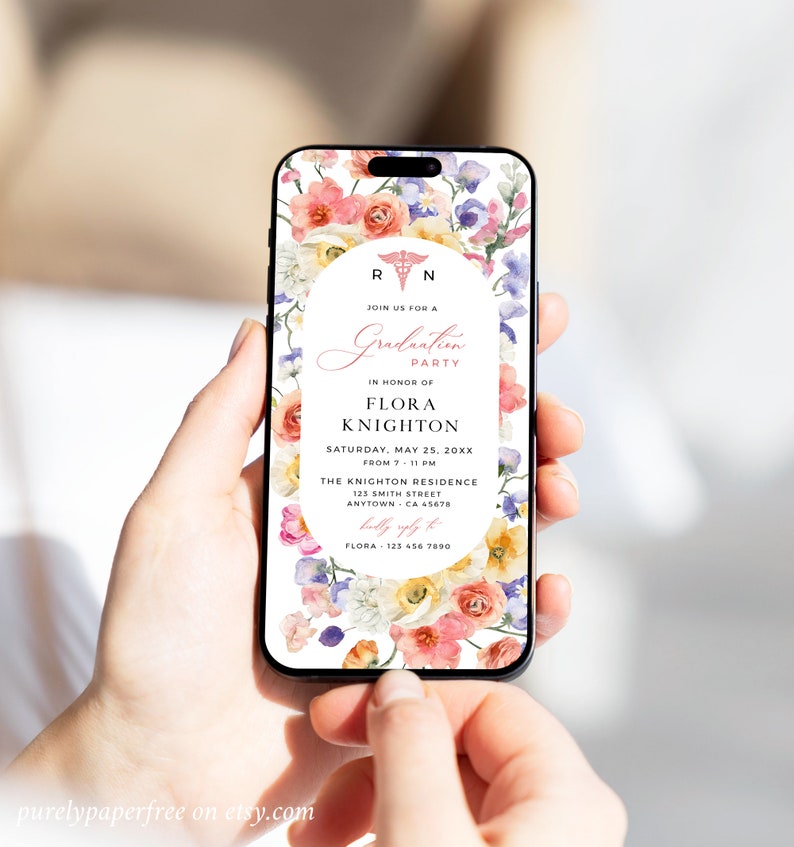 RN Graduation Party Invitation for Phone, Floral Nurse Grad Invite ...