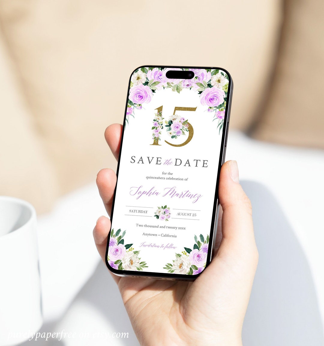 Lilac Quinceañera Save the Date Phone, Electronic Mis Quince Save the ...