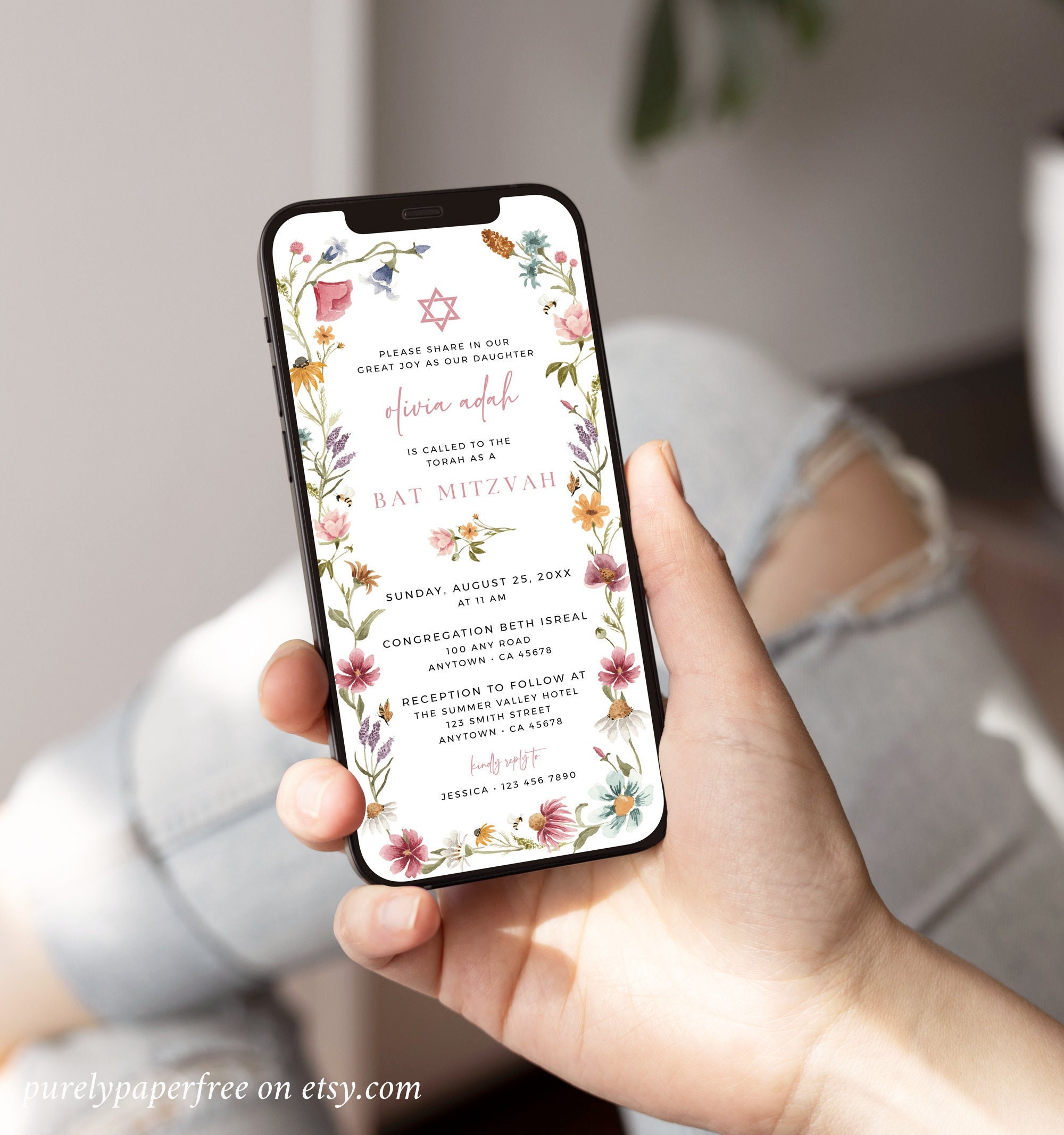 Digital Bat Mitzvah Invitation, Wildflower Bat Mitzvah Invite ...