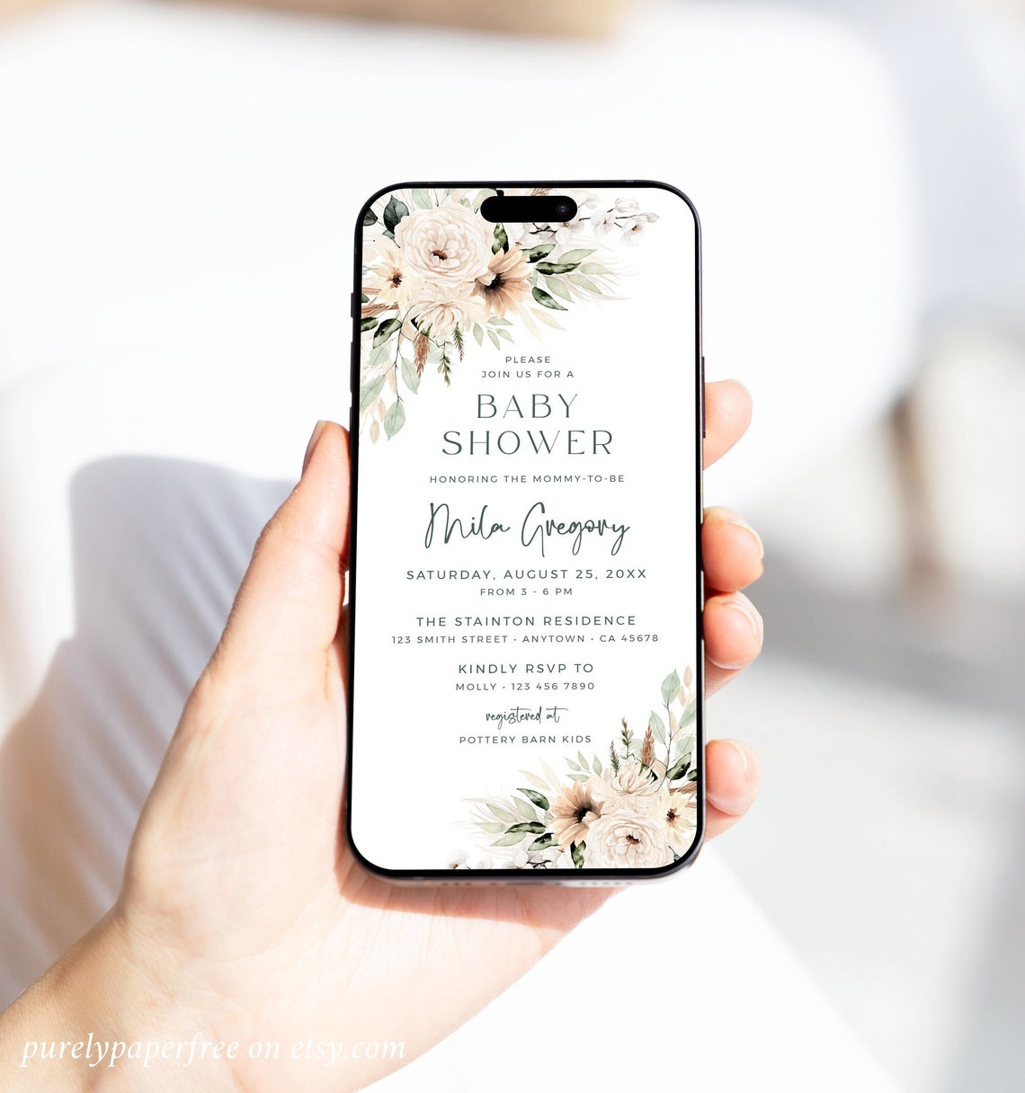 Electronic Baby Shower Invitation Sage Green Boho Baby Shower - Etsy