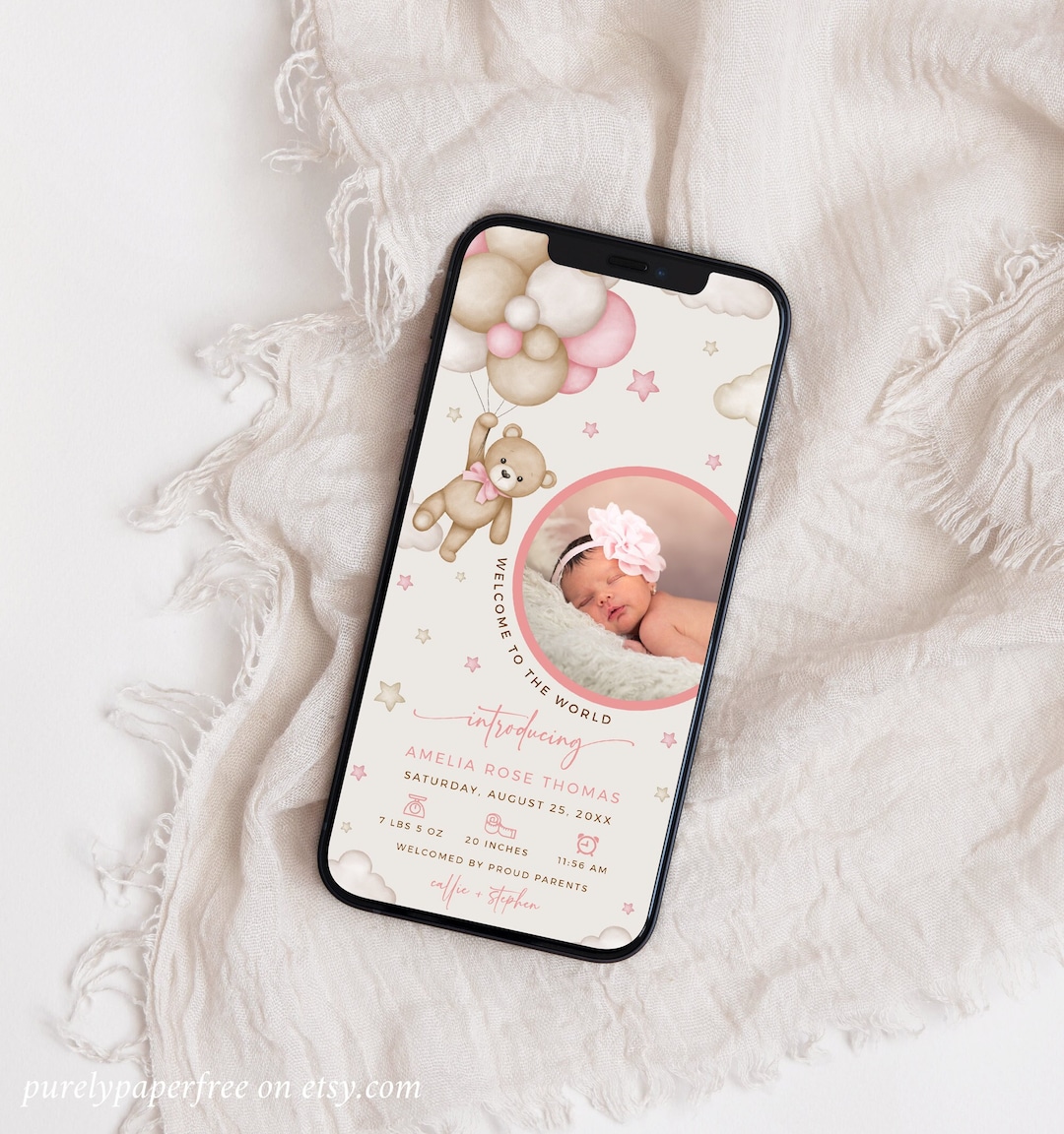 Digital Birth Announcement Girl Bear Electronic Newborn Announcement ...