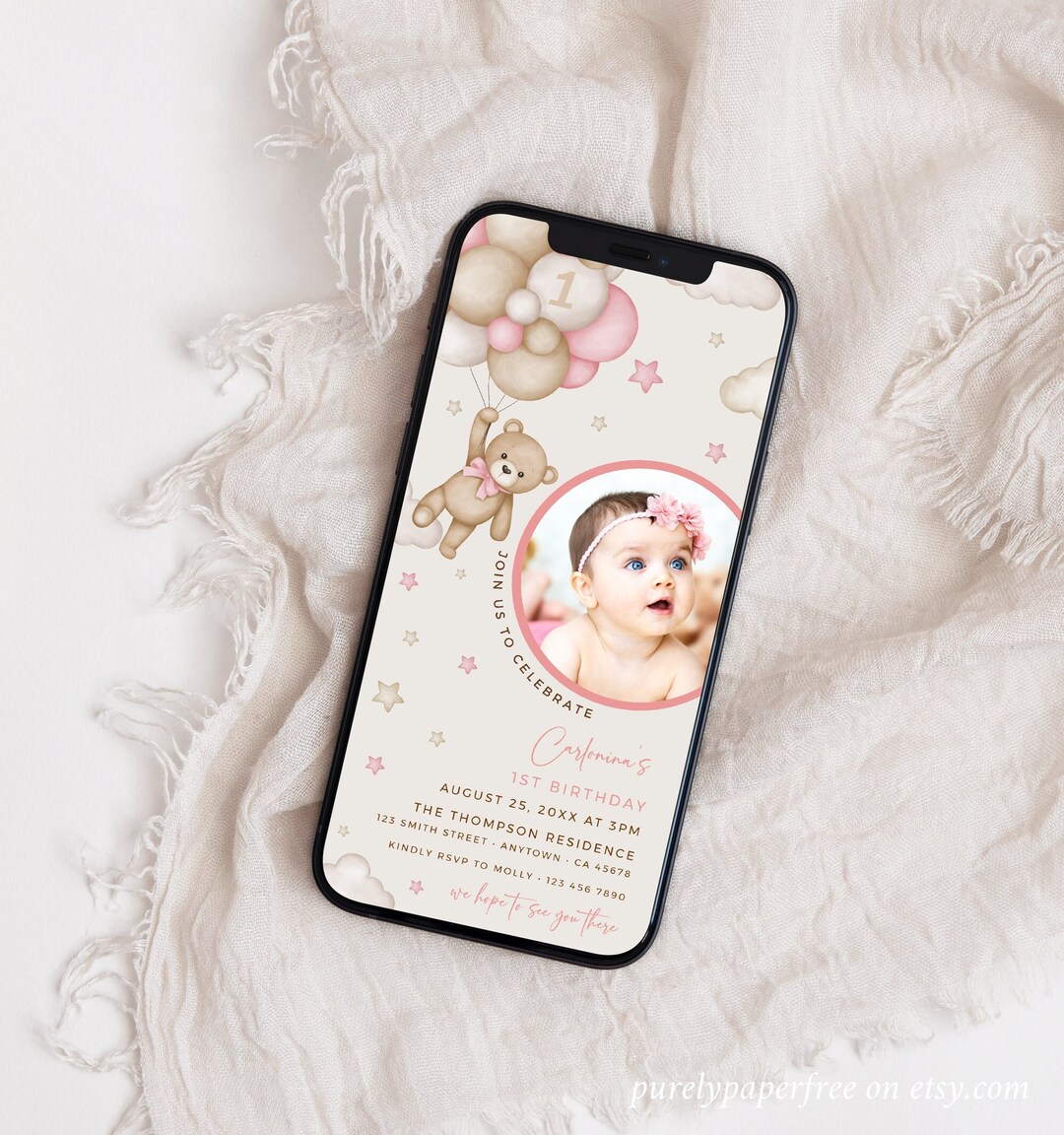 Girl First Birthday Evite With Photo, Bear 1st Birthday Electronic ...