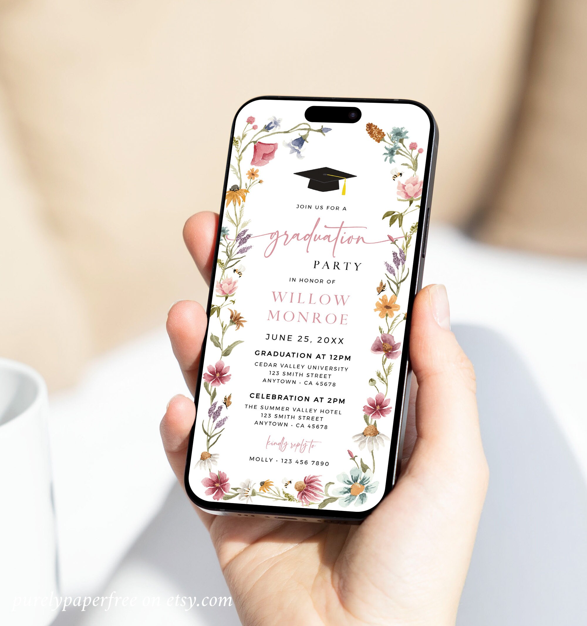 Wildflower Graduation Party Invitation for a Phone, Electronic ...