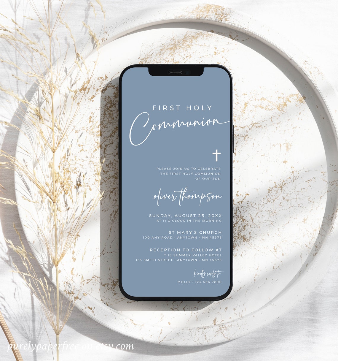 Digital First Holy Communion Invitation, Dusty Blue Communion Invite ...