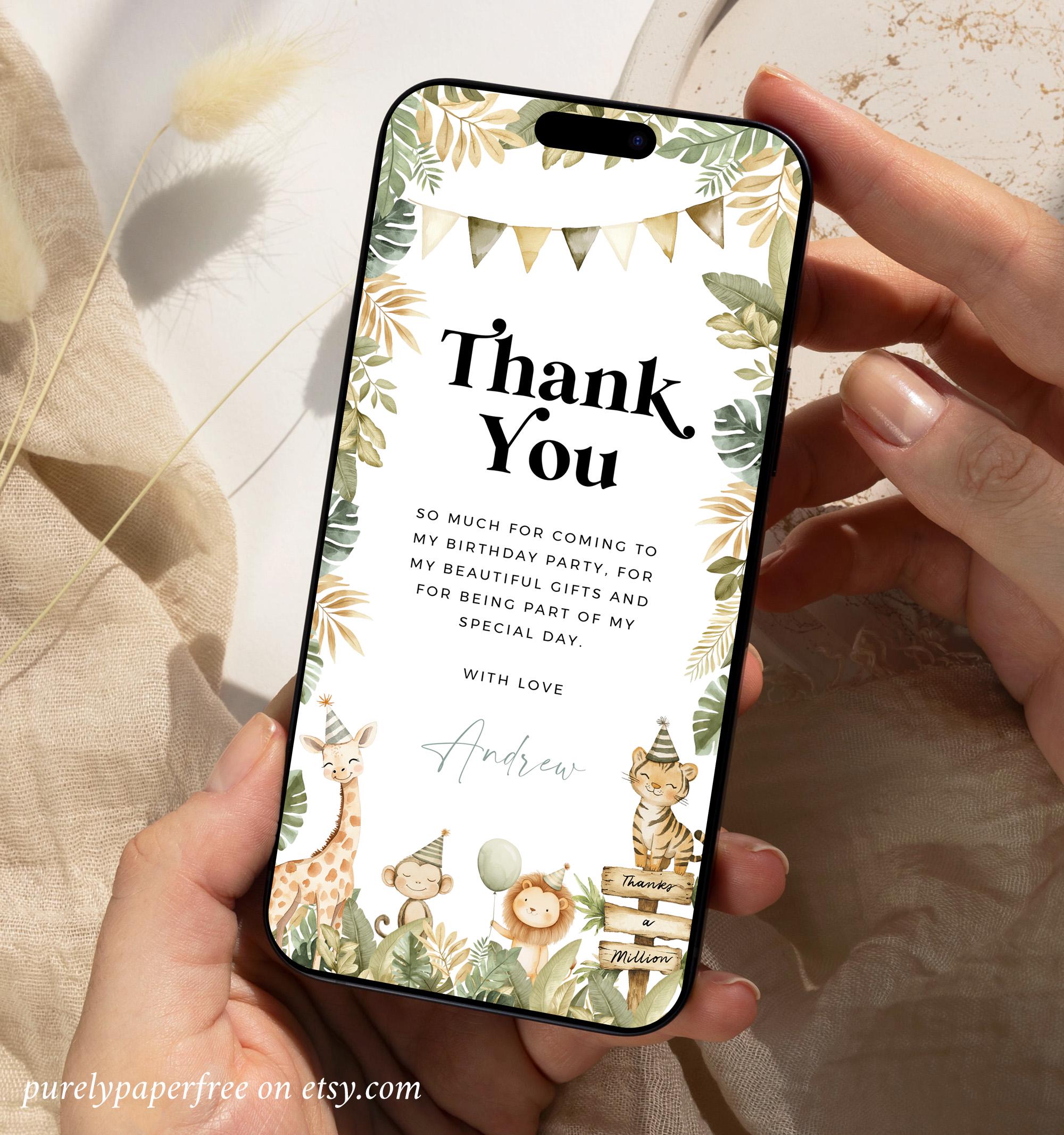 Safari Animals Thank You Card Boy, Electronic Birthday Thank You Note ...