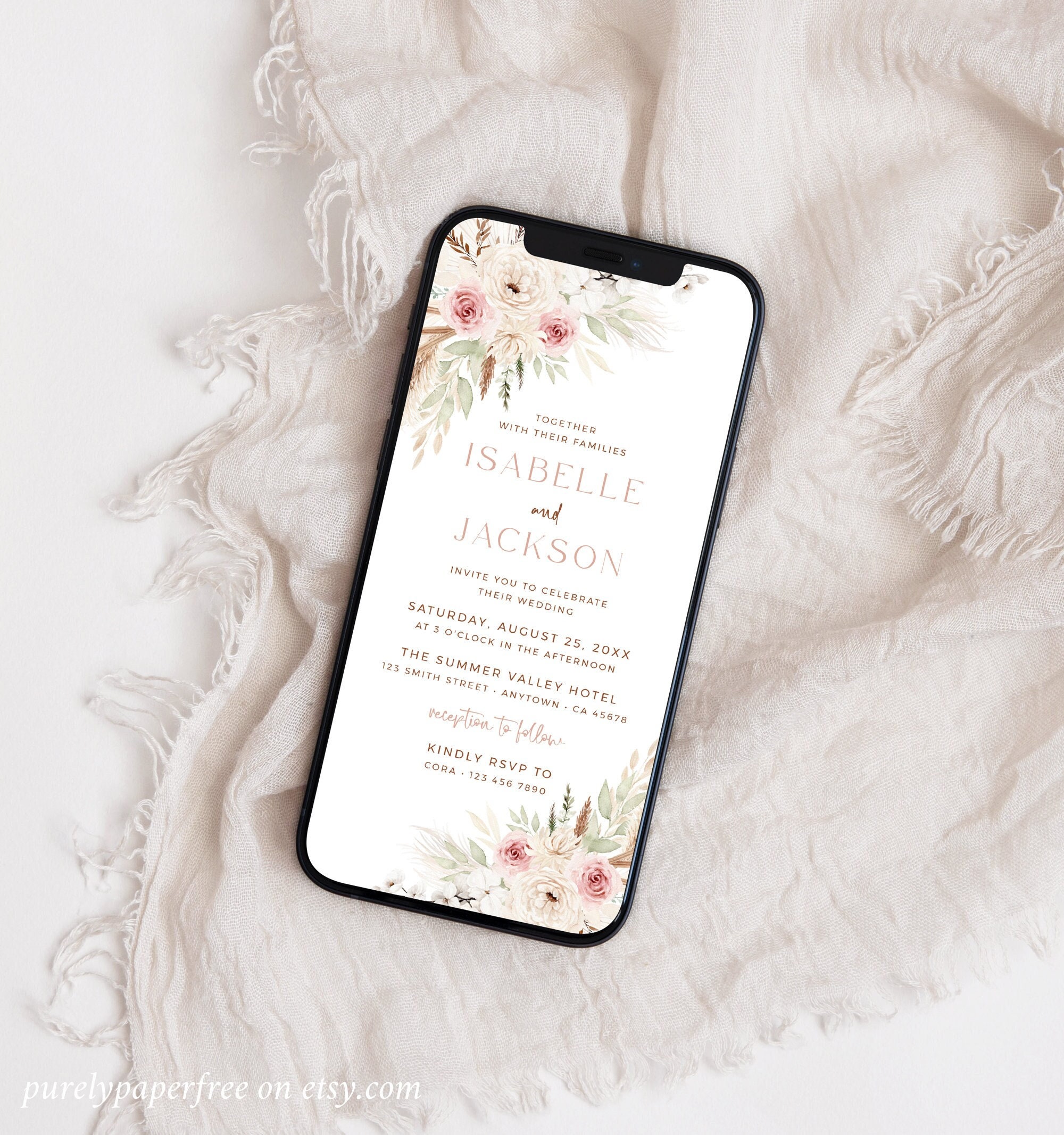 Boho Wedding Invitation Digital, Electronic Wedding Invitation, Boho ...