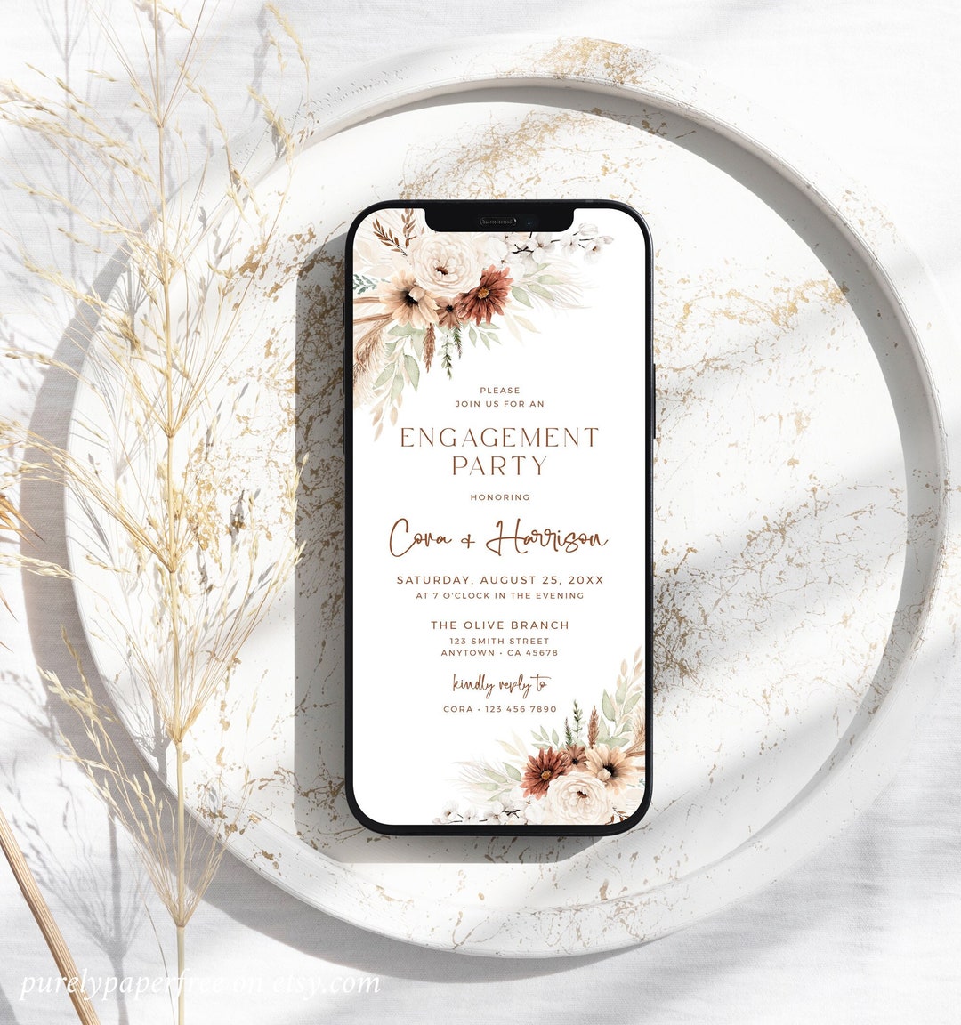 Electronic Engagement Party Invite, Digital Engagement Invitation, Boho ...