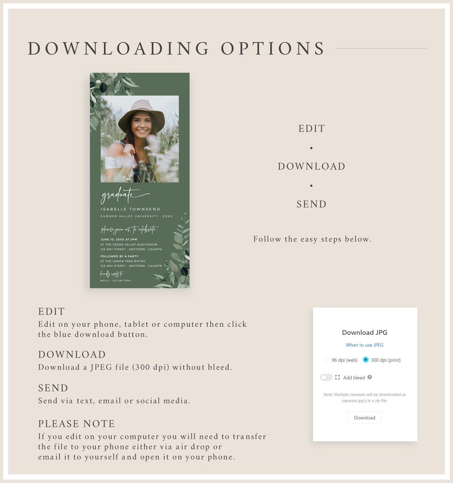 Greenery Graduation Party Invitation With a Photo, Digital Grad Evite ...