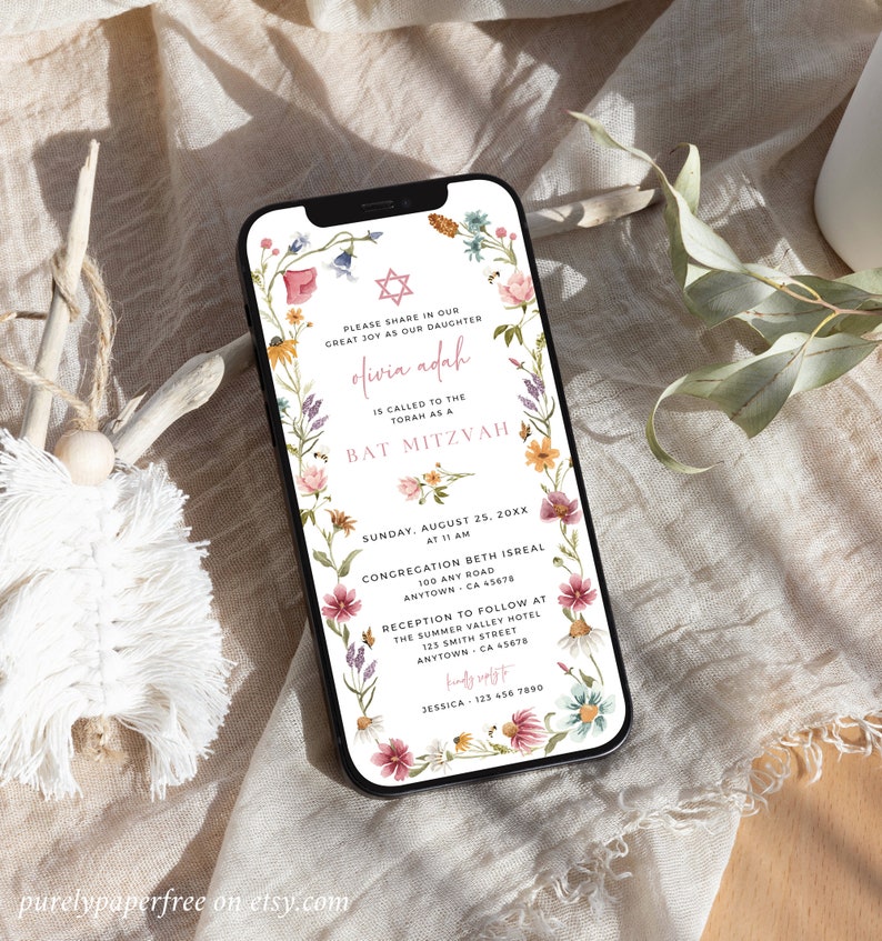 Digital Bat Mitzvah Invitation Wildflower Bat Mitzvah Invite - Etsy
