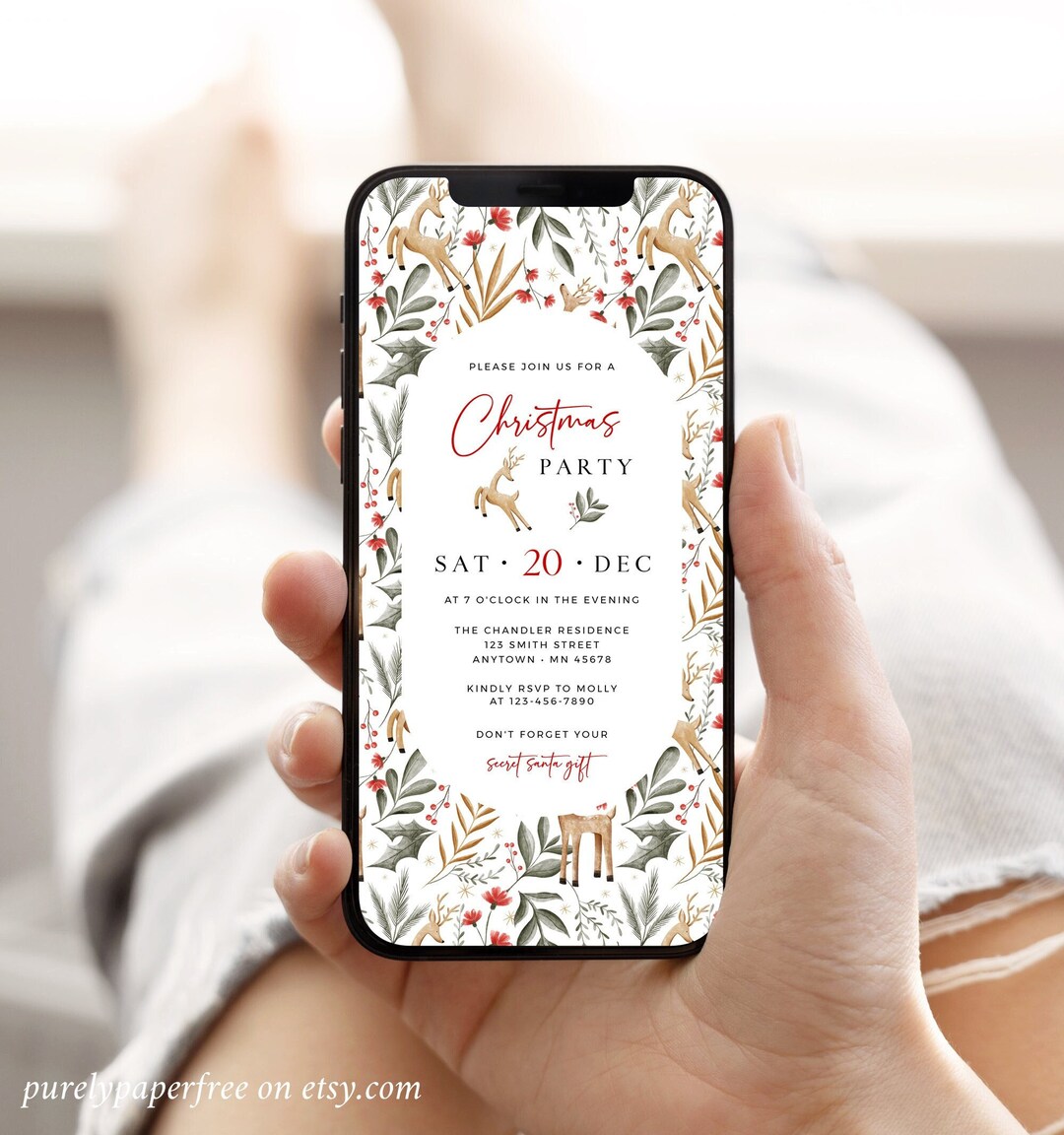 Boho Christmas Party Invitation for a Phone Electronic Hygge Holiday ...