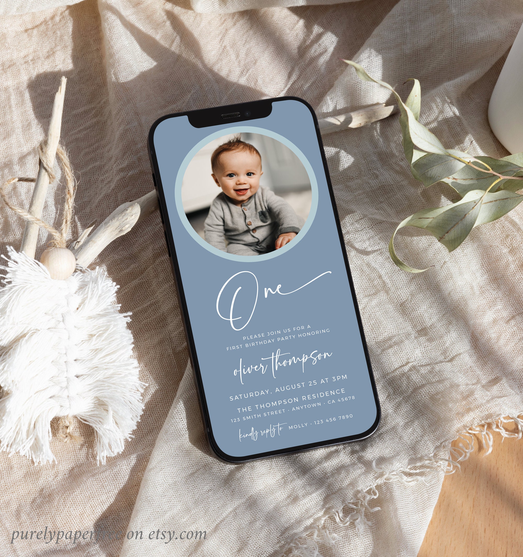 Modern First Birthday Invitation Boy Electronic Photo Invite 1st ...