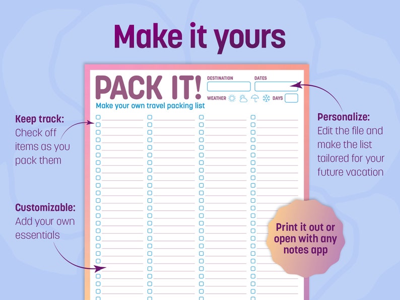 Packing Checklist PRINTABLE, EDITABLE, Travel Checklist, Filled and ...