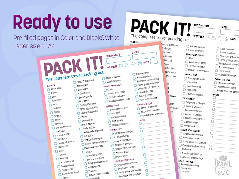 Packing Checklist PRINTABLE, EDITABLE, Travel Checklist, Filled and ...