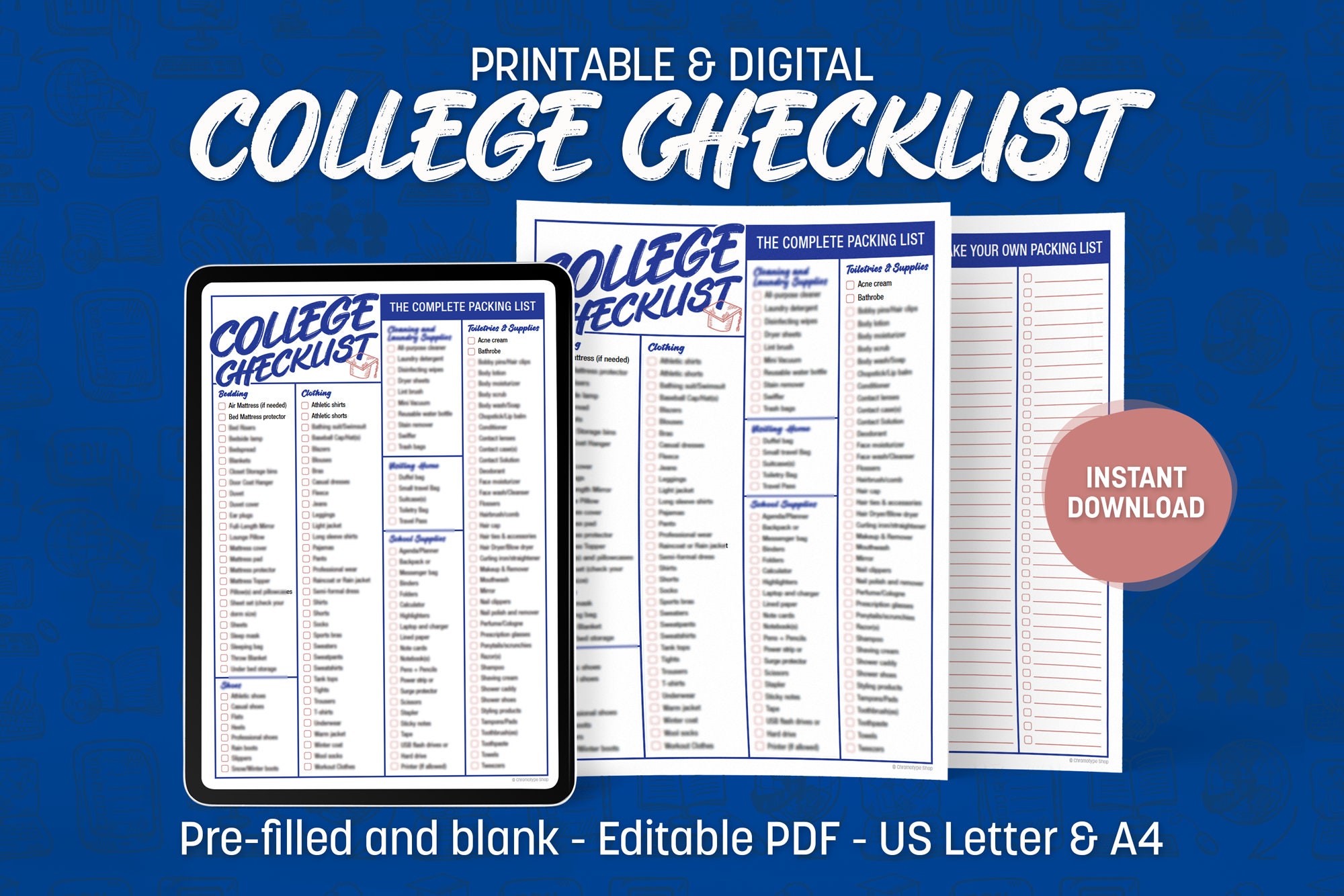 College Packing Checklist - Printable and Digital Planner for Students ...